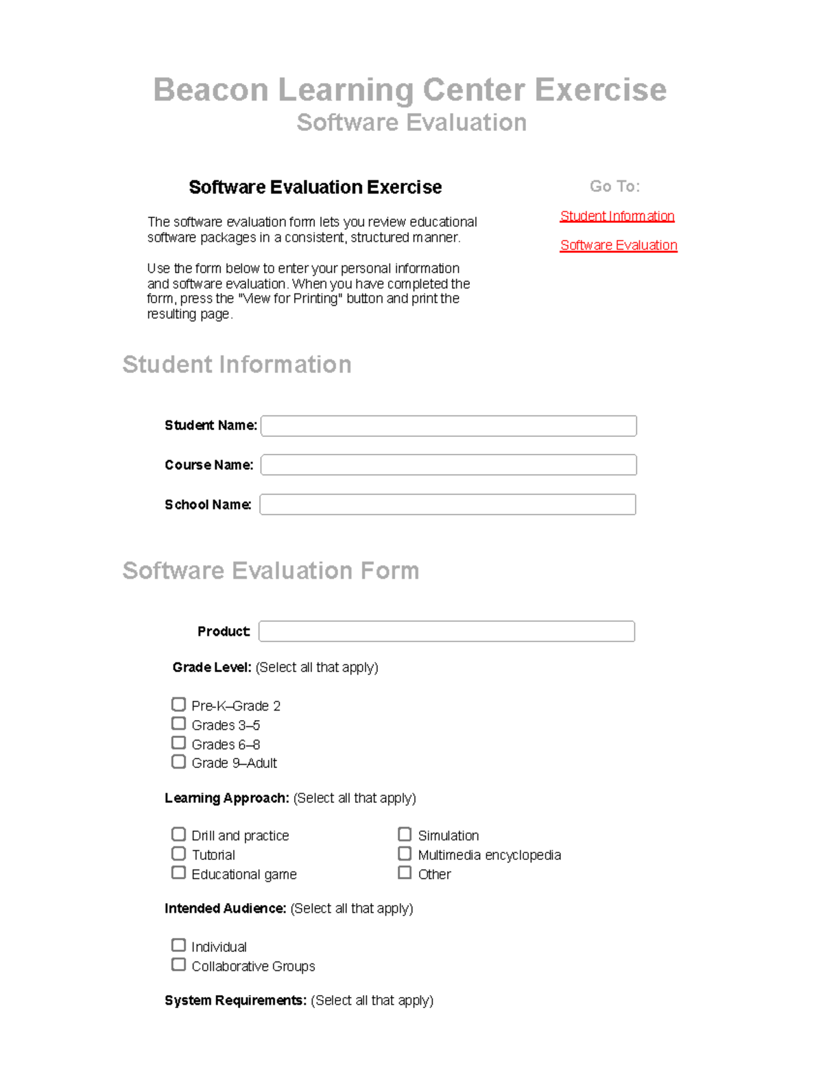 software evaluation - Use the form below to enter your personal ...