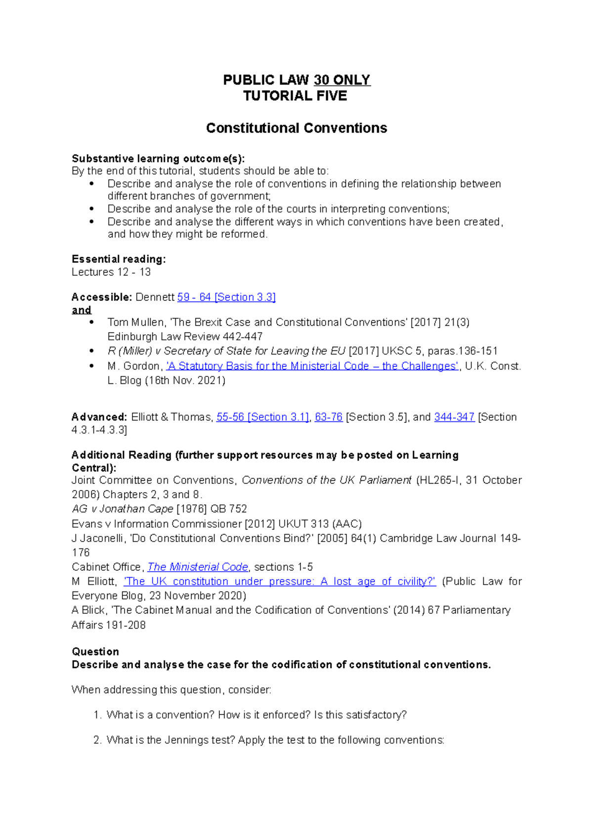Tutorial 5 Preparation - PUBLIC LAW 30 ONLY TUTORIAL FIVE Constitutional Conventions Substantive ...