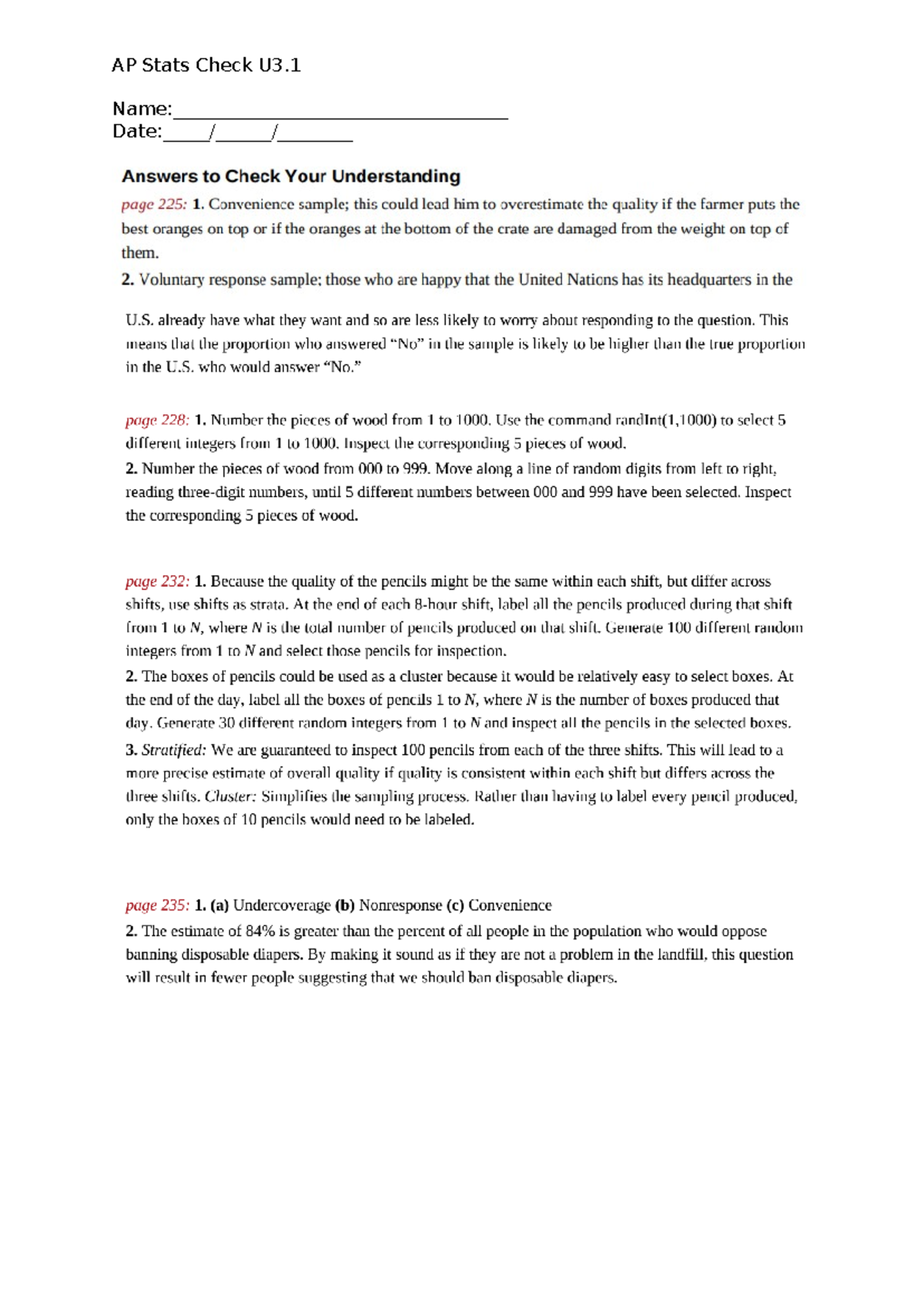 U3.1 Check your Understanding (Solution) - AP Stats Check U3 Name: Date: Answers to Check Your ...