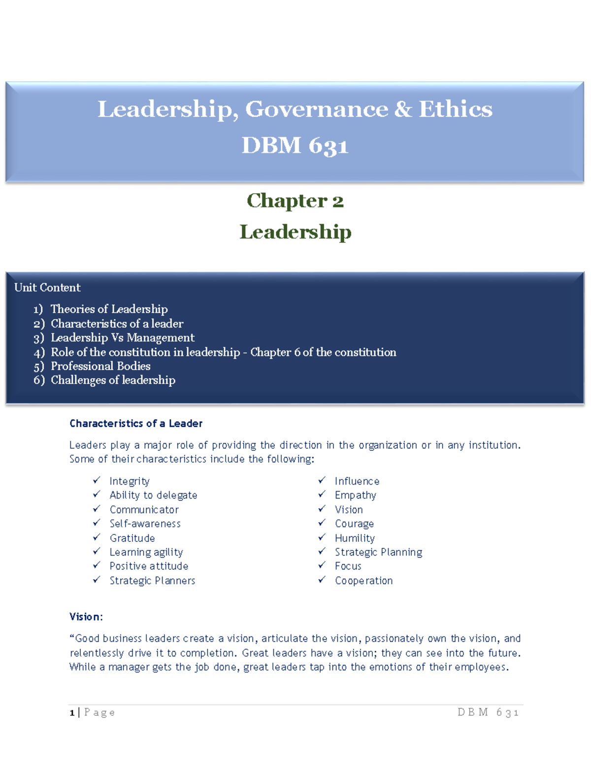 DBM 631 Chapter 2 Leadership - Chapter 2 Leadership Characteristics of ...
