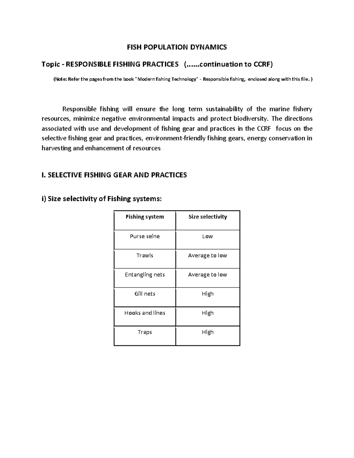 Notes -Responsible fishing practices. Their importance. - FISH ...