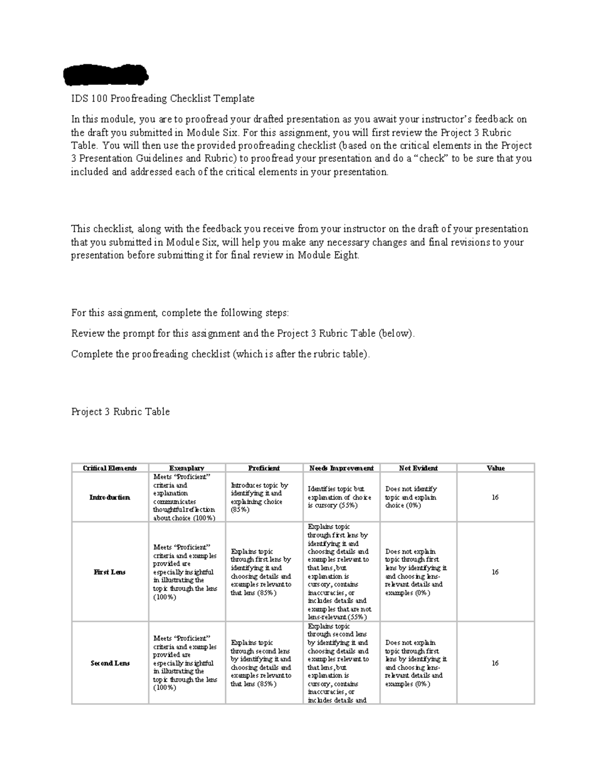 Proofreading checklist - For this assignment, you will first review the Project 3 Rubric Table ...