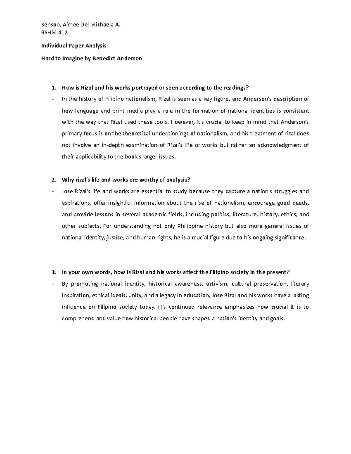 Individual Paper Analysis - Senson, Aimee Del Michaela A. BSHM 412 ...