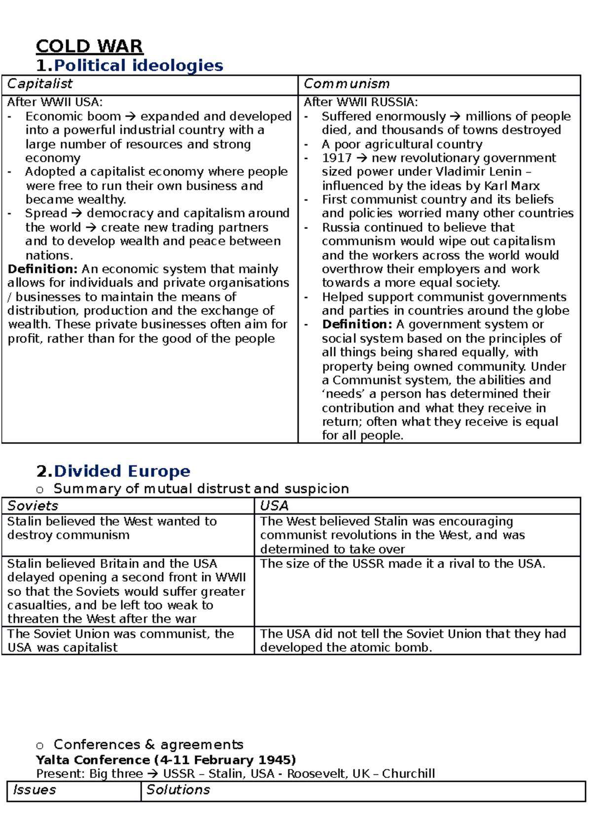 COLD WAR SUM - Cold war overview - COLD WAR 1 ideologies Capitalist ...
