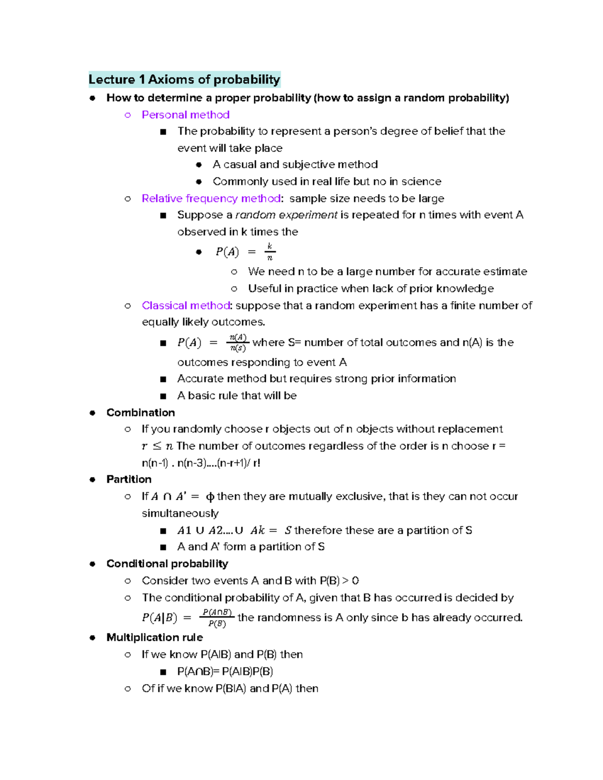 Bio Stats Lec Notes 1-9 - Lecture 1 Axioms of probability How to ...