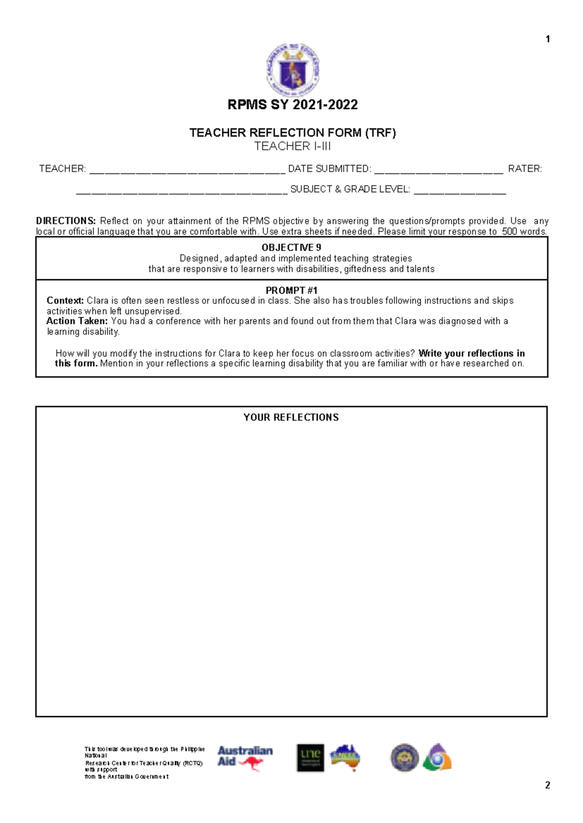 Teacher-reflection-form1 - 1 RPMS SY 2021- TEACHER REFLECTION FORM (TRF) TEACHER I-III TEACHER ...