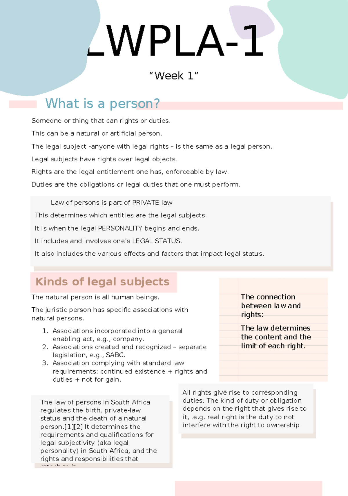 Law of persons Week 1 Sum - LWPLA- “Week 1” What is a person? Someone ...