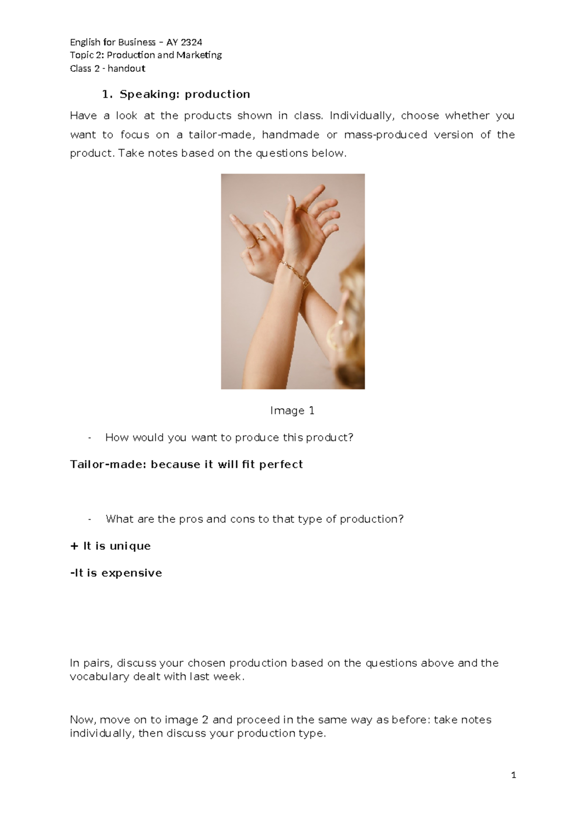 EFB Prod & Mar - Class 2 - student handout - Topic 2: Production and ...