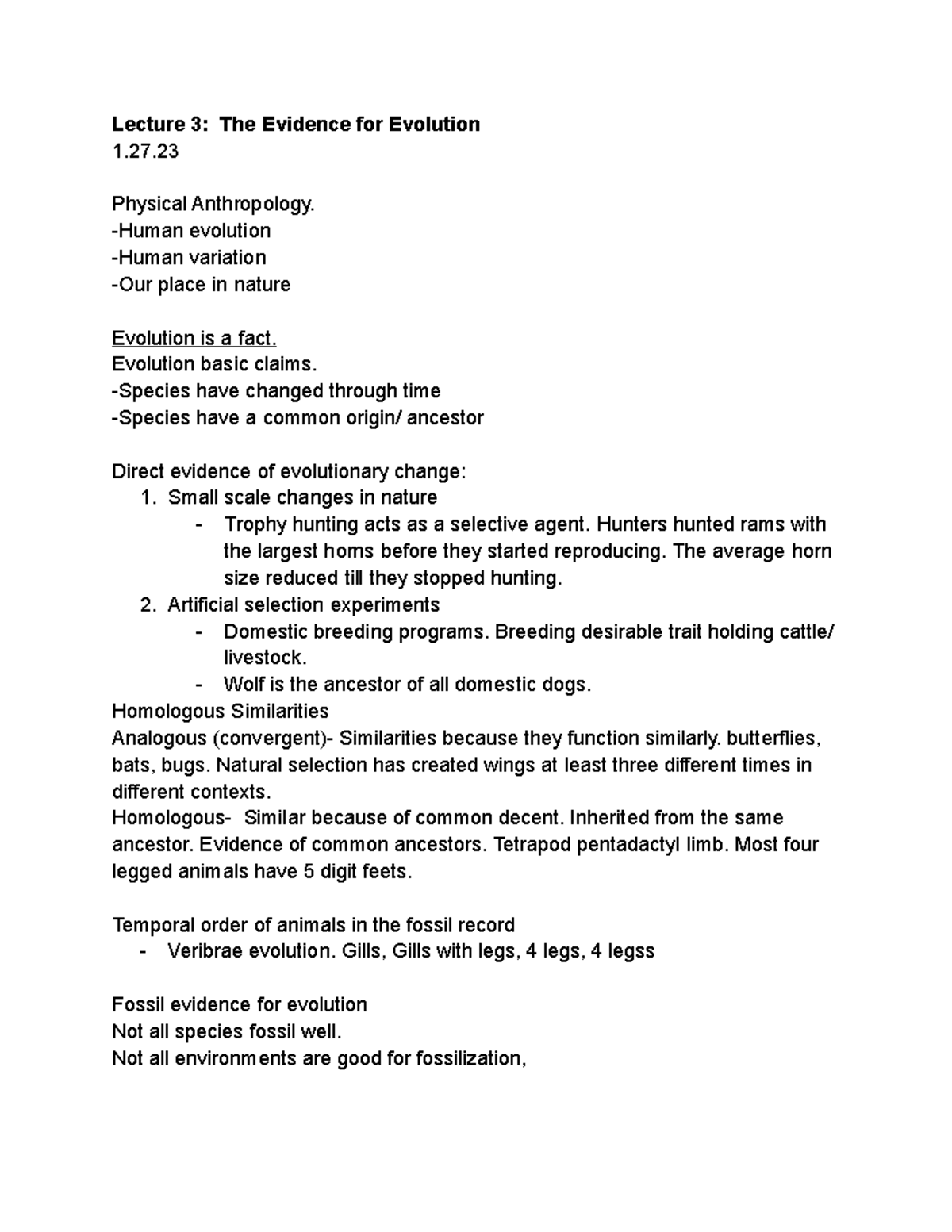 Lecture 3 The Evidence for Evolution - Lecture 3: The Evidence for ...