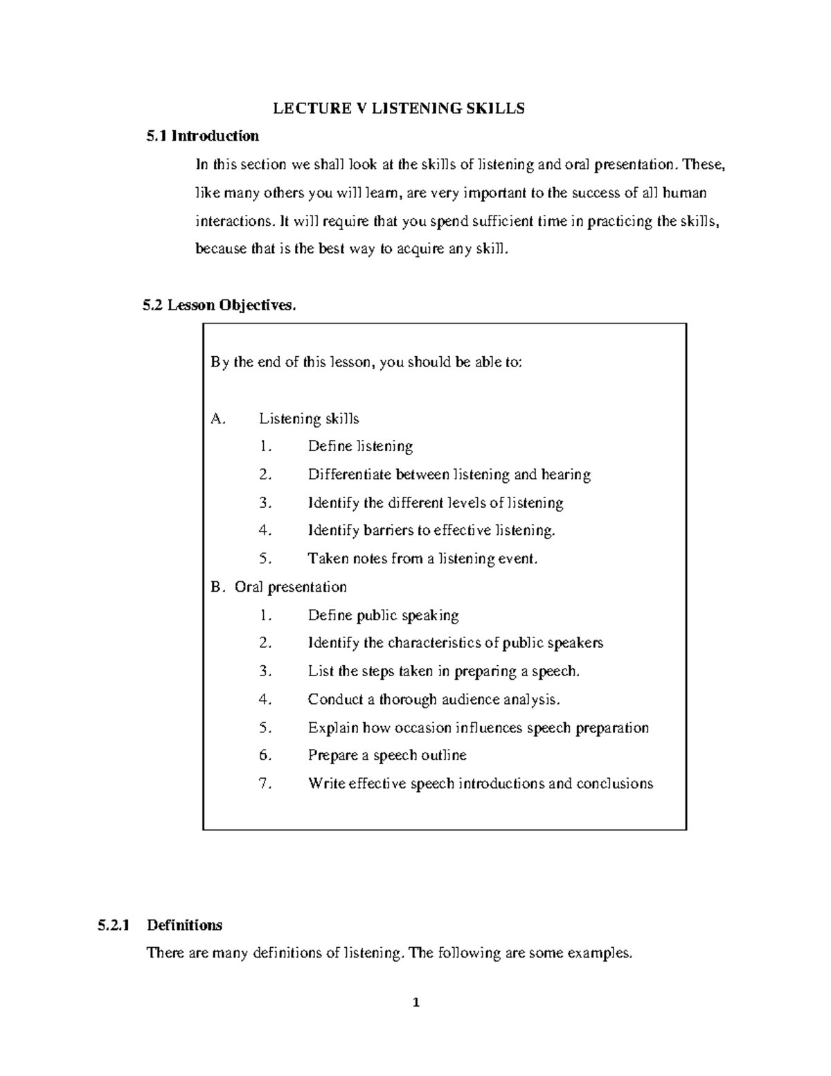 Lecture Vlistening Skills - LECTURE V LISTENING SKILLS 5 Introduction ...