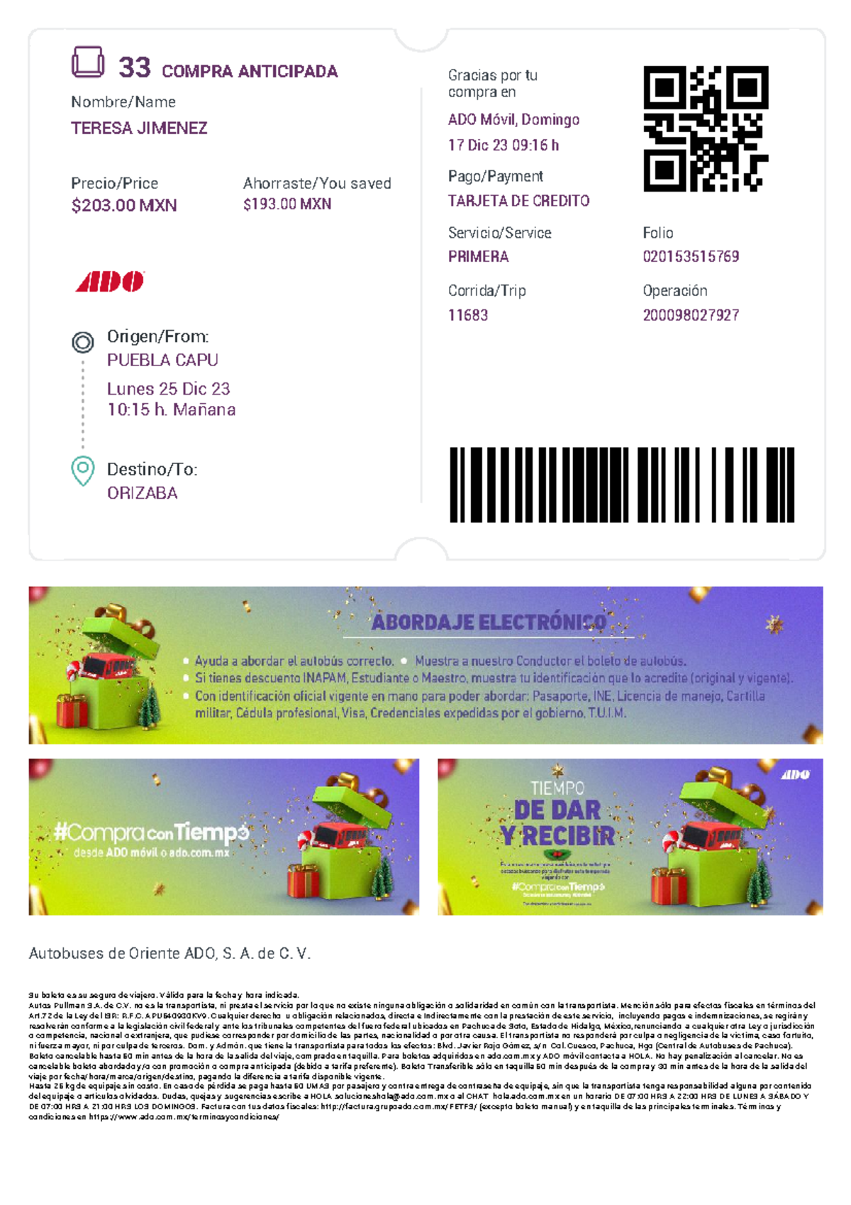 Tu Boleto ADO - 11683 Corrida/Trip TERESA JIMENEZ Nombre/Name $203 MXN ...