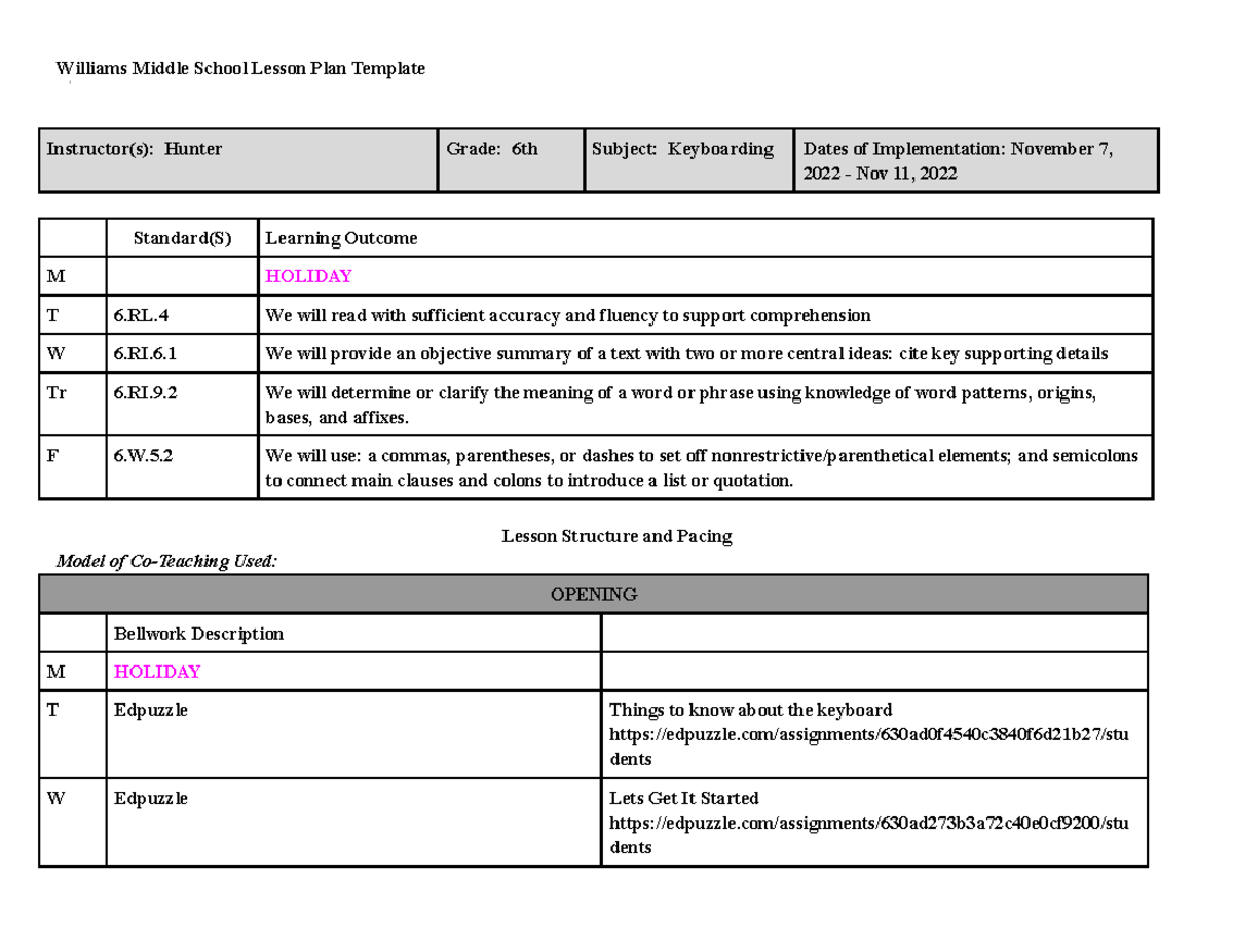 09 04 23 thru 09 08 23 Keyboarding WMS Weekly Lesson Plan - Williams ...