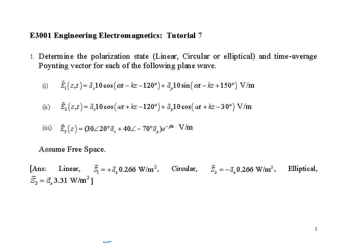 3001 Tutorial 7-13 Tutorial Questions - E3001 Engineering Electromagnetics: Tutorial 7 Determine ...