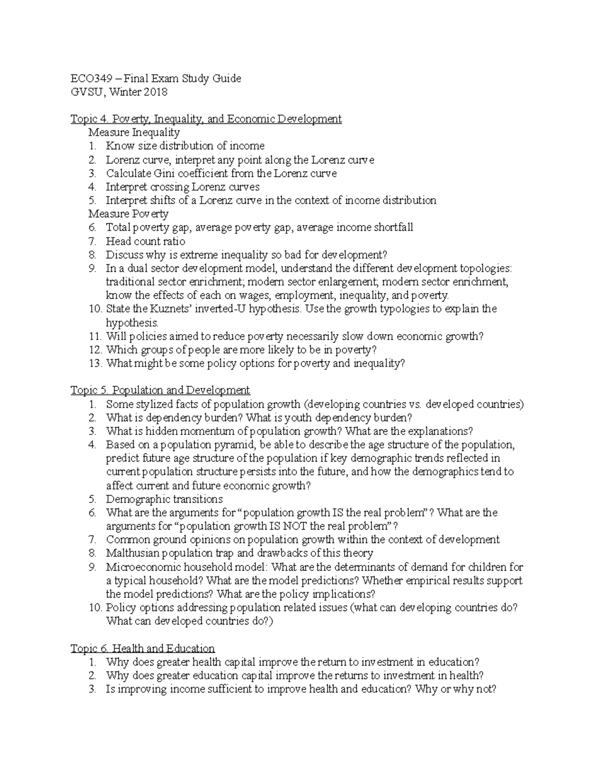 ECO349 Final Exam Study Guide Winter 2018 (1) - ECO349 – Final Exam ...