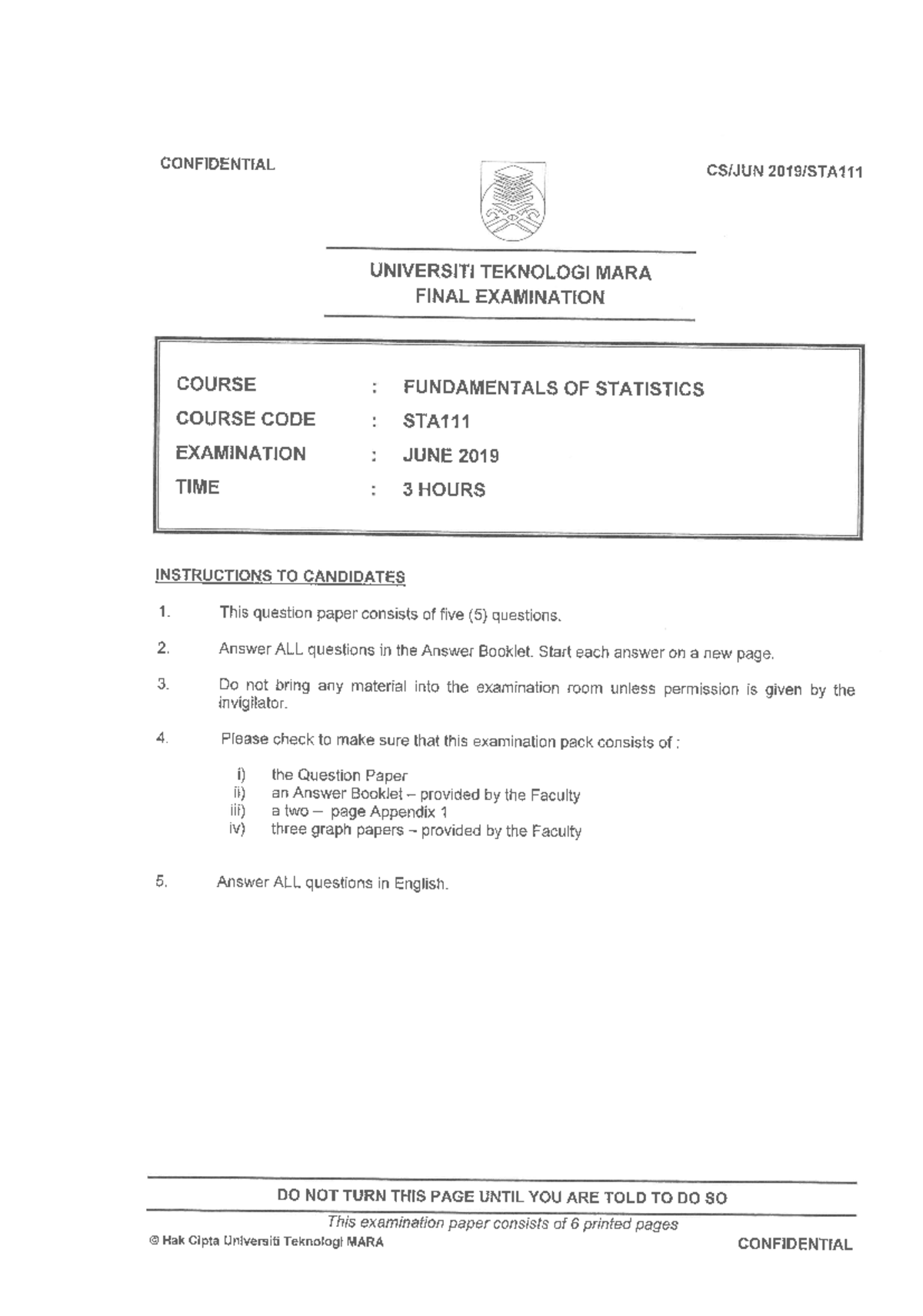 STA111 JUN 2019 - Past year paper (2019) of Statistic subject for Sem 1 ...
