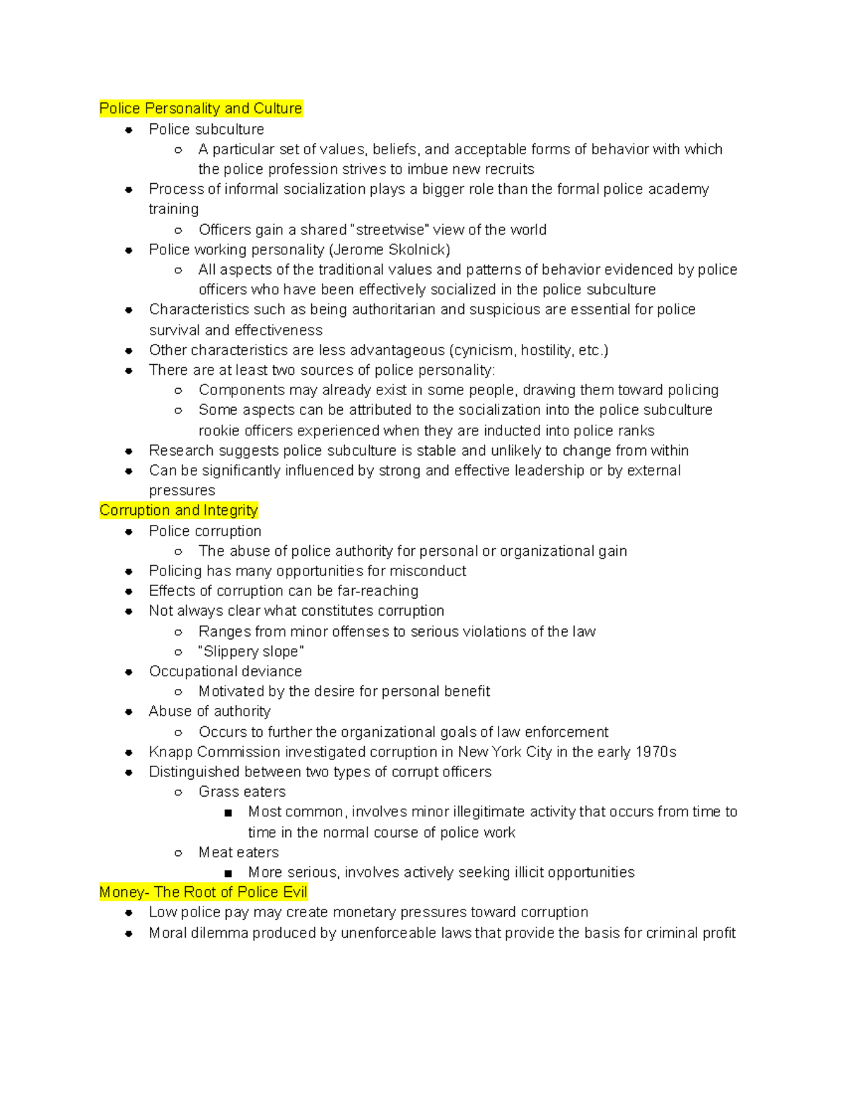 Crim Ch 6 lec notes pt 1 - Police Personality and Culture Police ...