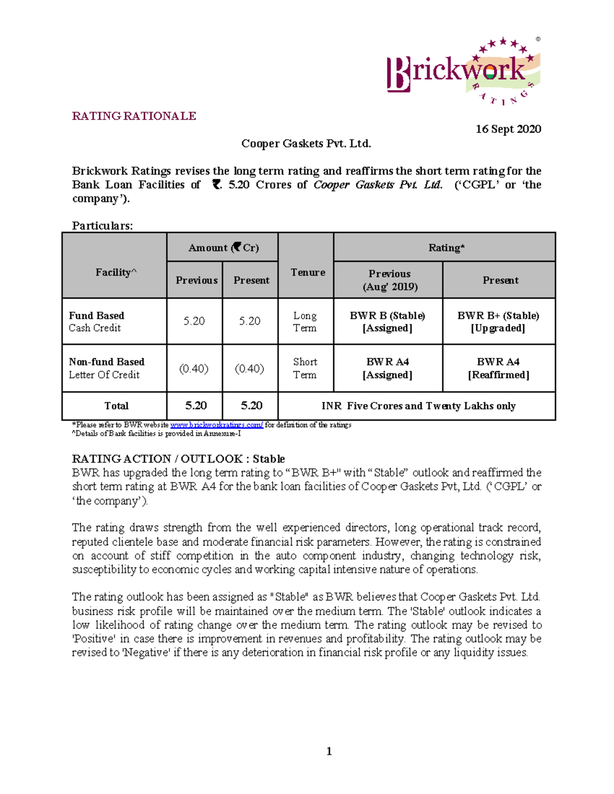 Cooper-Gaskets-16Sep2020 - RATING RATIONALE 16 Sept 2020 Cooper Gaskets ...