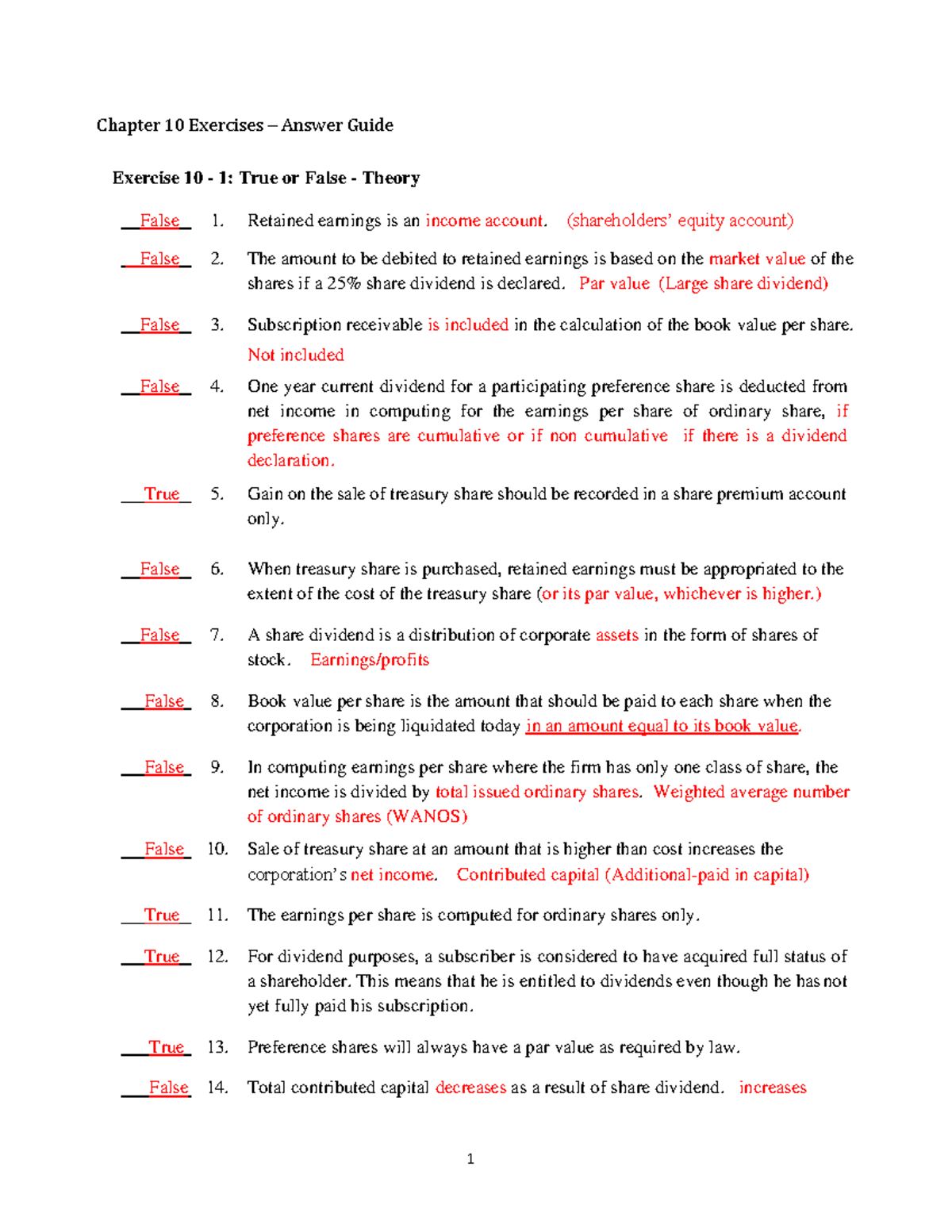 Chapter 10 Retained Earnings Revised Exercises (Answer Key) - Chapter 10 Exercises – Answer ...