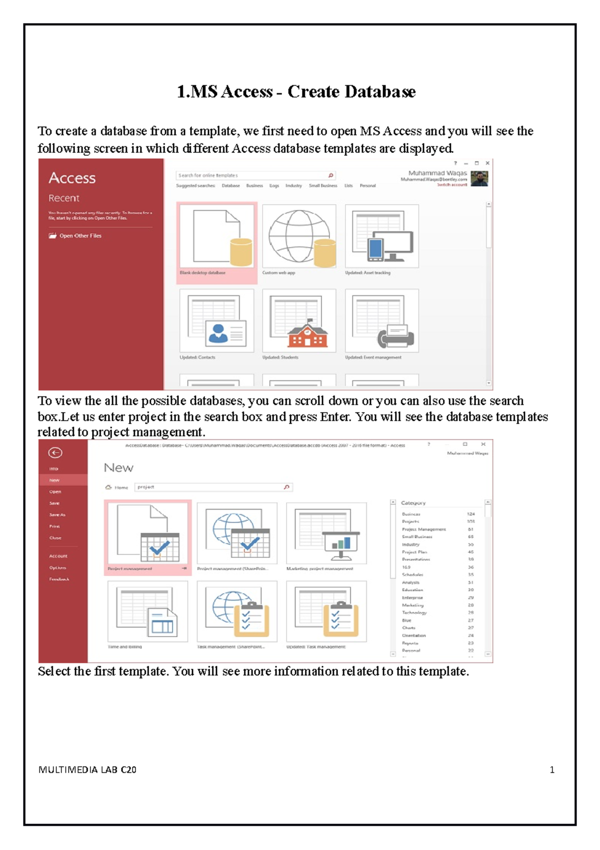 Multimedia Lab Manual - 1 Access - Create Database To create a database ...
