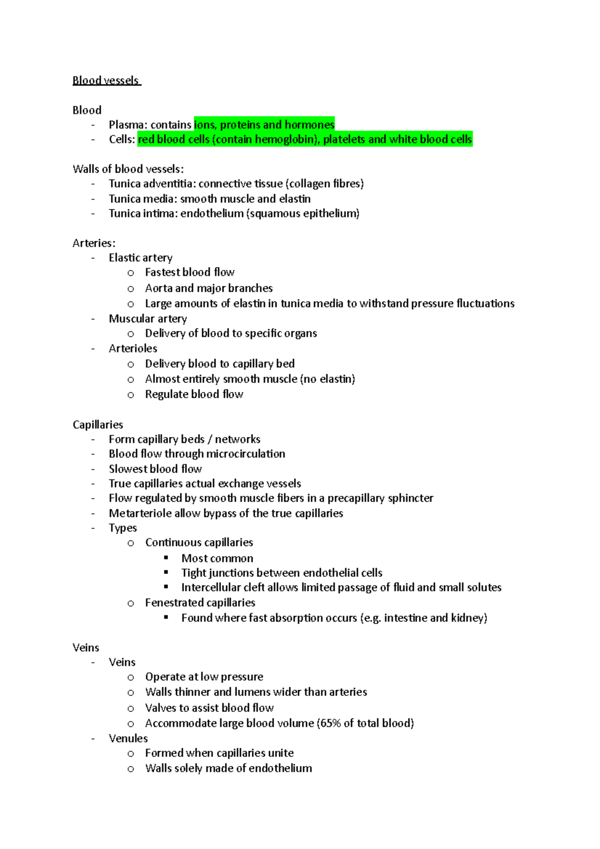 Blood vessels - Lecture notes 9 - Blood vessels Blood - Plasma ...