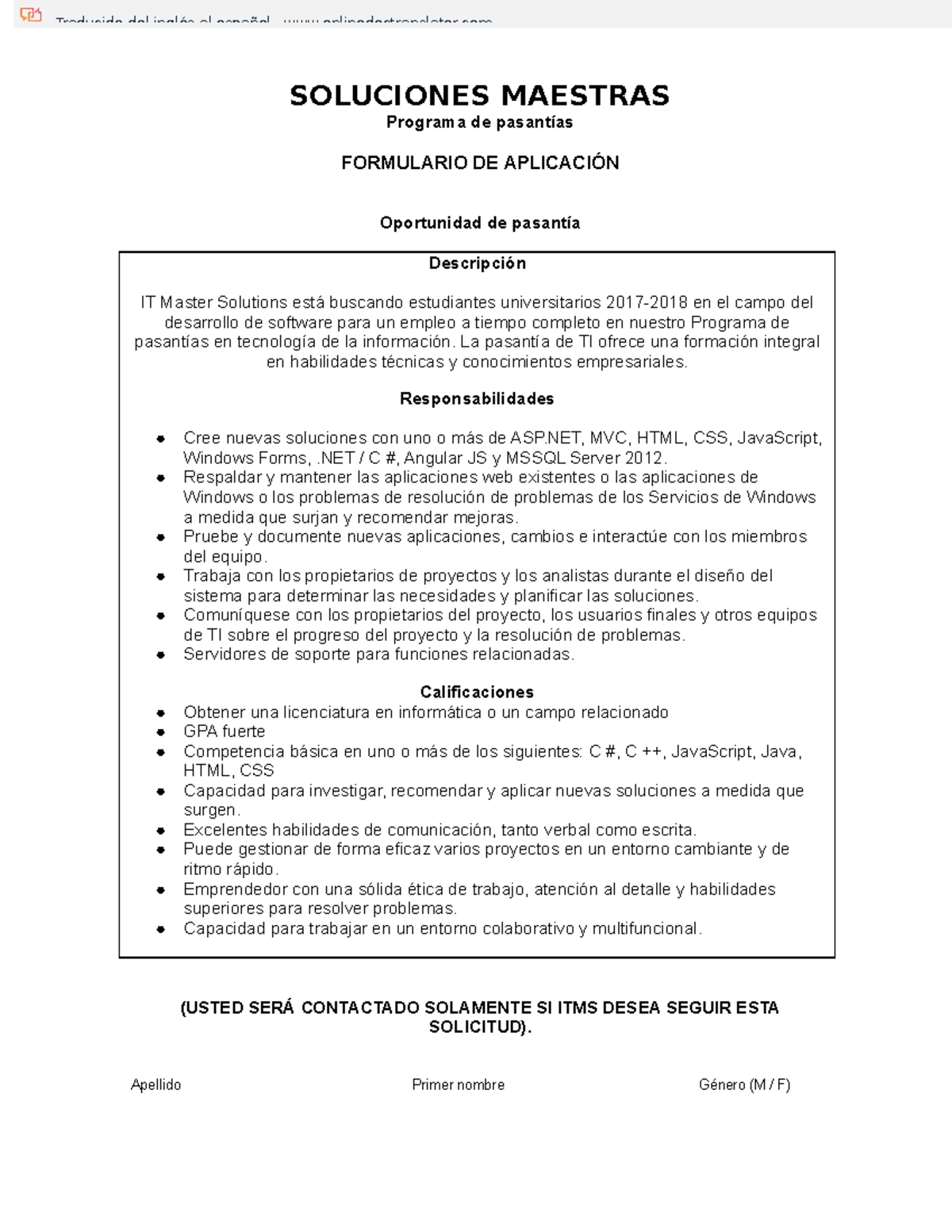 Formato Internship Application Form Soluciones Maestras Programa De Pasantías Formulario De