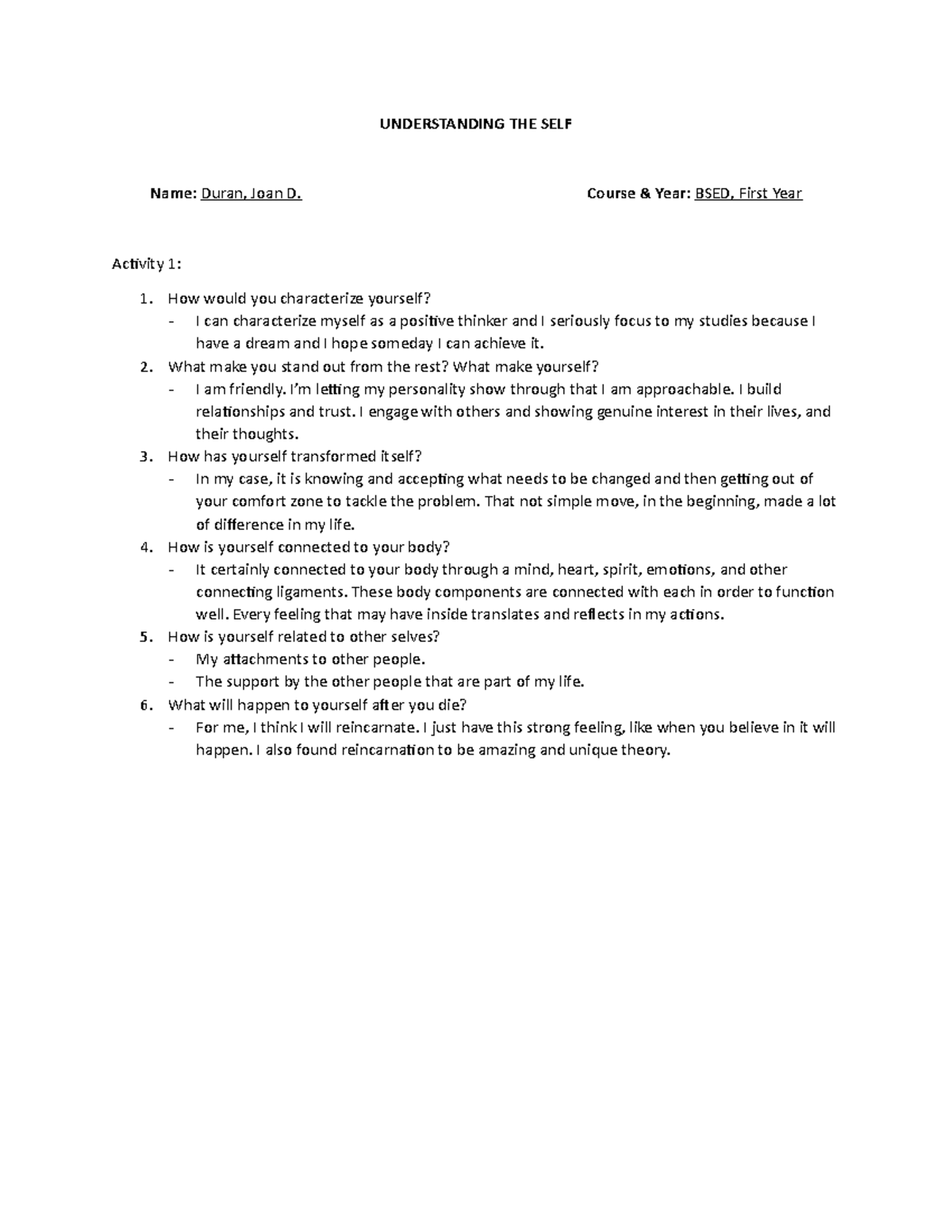 Understanding THE SELF - UNDERSTANDING THE SELF Name: Duran, Joan D ...