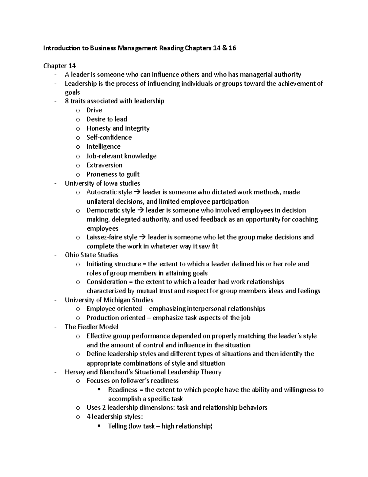 Introduction to Business Management Reading Chapters 14 - Studocu