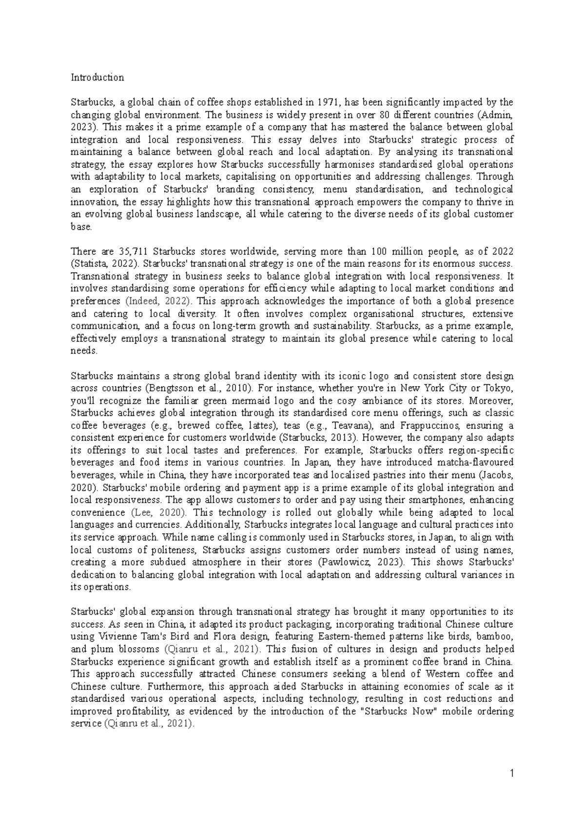 MGW 3122 Final Essay - Introduction Starbucks, a global chain of coffee ...