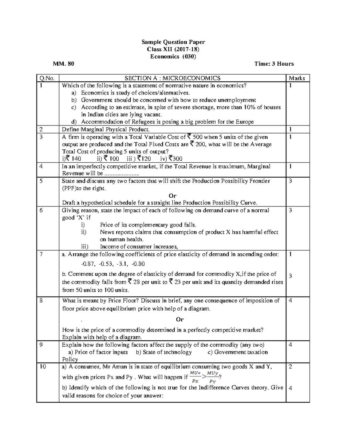 CBSE Sample Question Papers for Class 12 Economics 2017-2018 - Sample ...