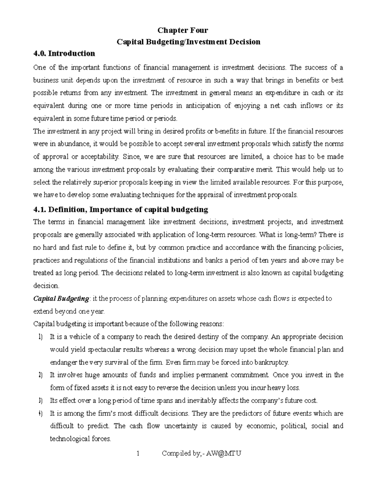 4-Chapter Four-Capital Budgeting investment Decision - Introduction 4. Introduction One of the ...