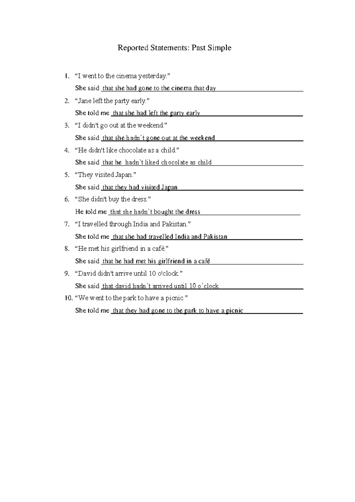 Report past - Tarea - Reported Statements: Past Simple