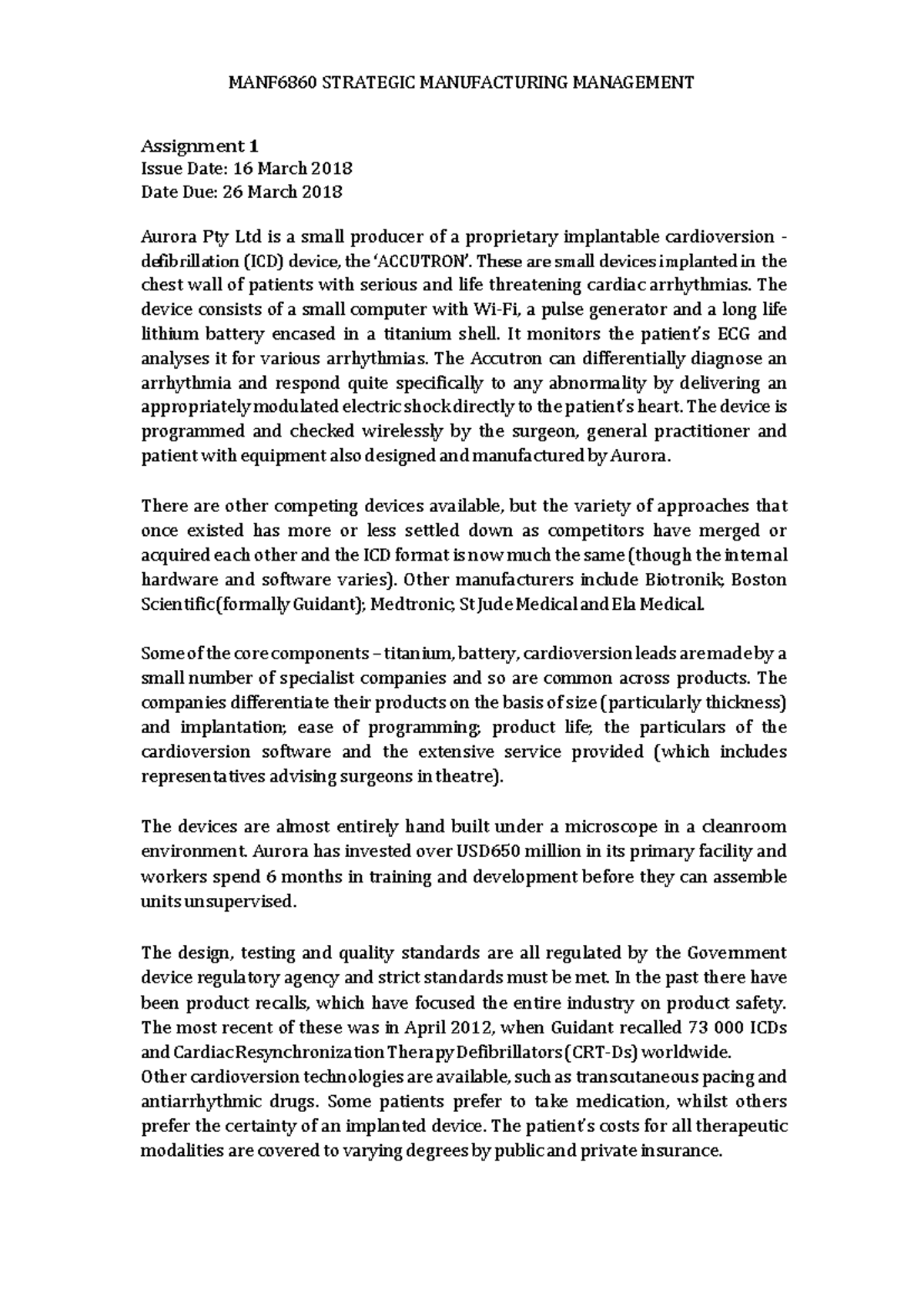 MANF6860 S1 2018 ASSIGNMENT - MANF6860 STRATEGIC MANUFACTURING ...