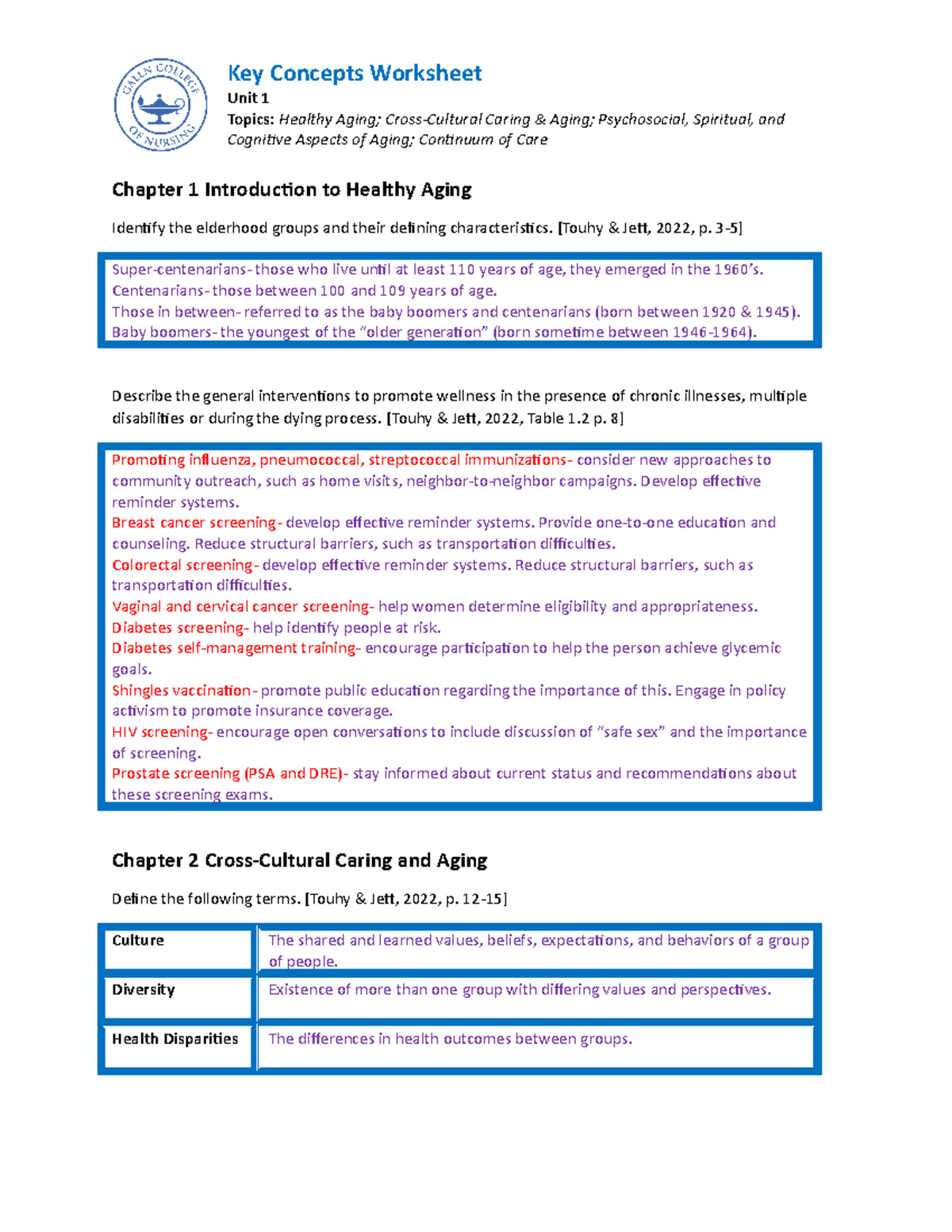 Unit 1 Key Concepts Worksheet - Unit 1 Topics: Healthy Aging; Cross ...