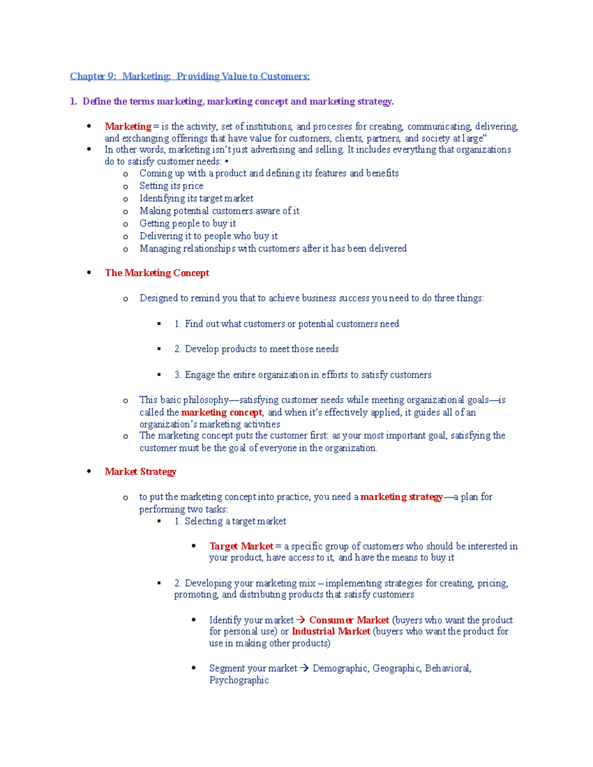 Chapter 9 - Lecture notes 9 - Chapter 9: Marketing: Providing Value to ...