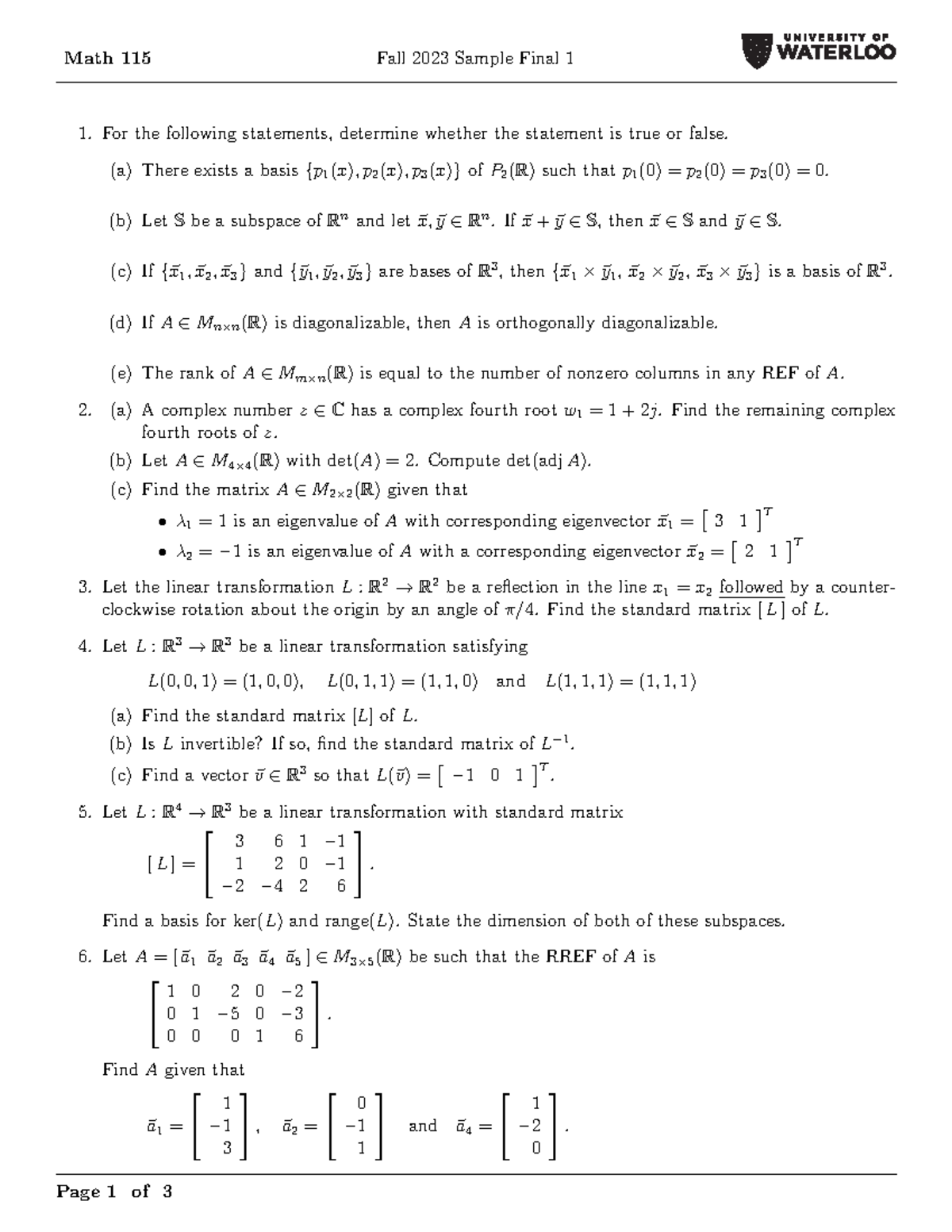 M115-F23 Sample Final 1 - Math 115 Fall 2023 Sample Final 1 For the ...