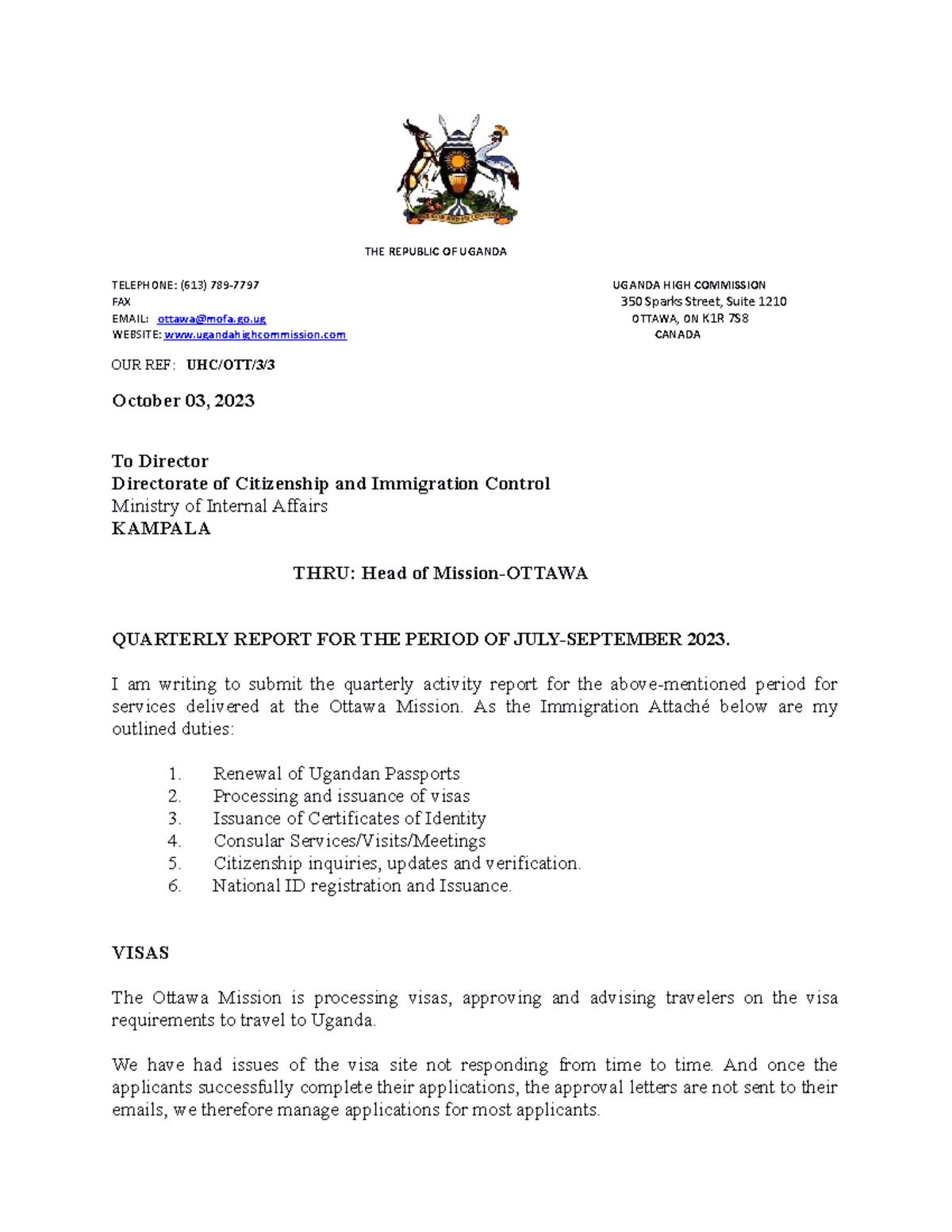 Quaterly Report - Essay writing - THE REPUBLIC OF UGANDA TELEPHONE ...
