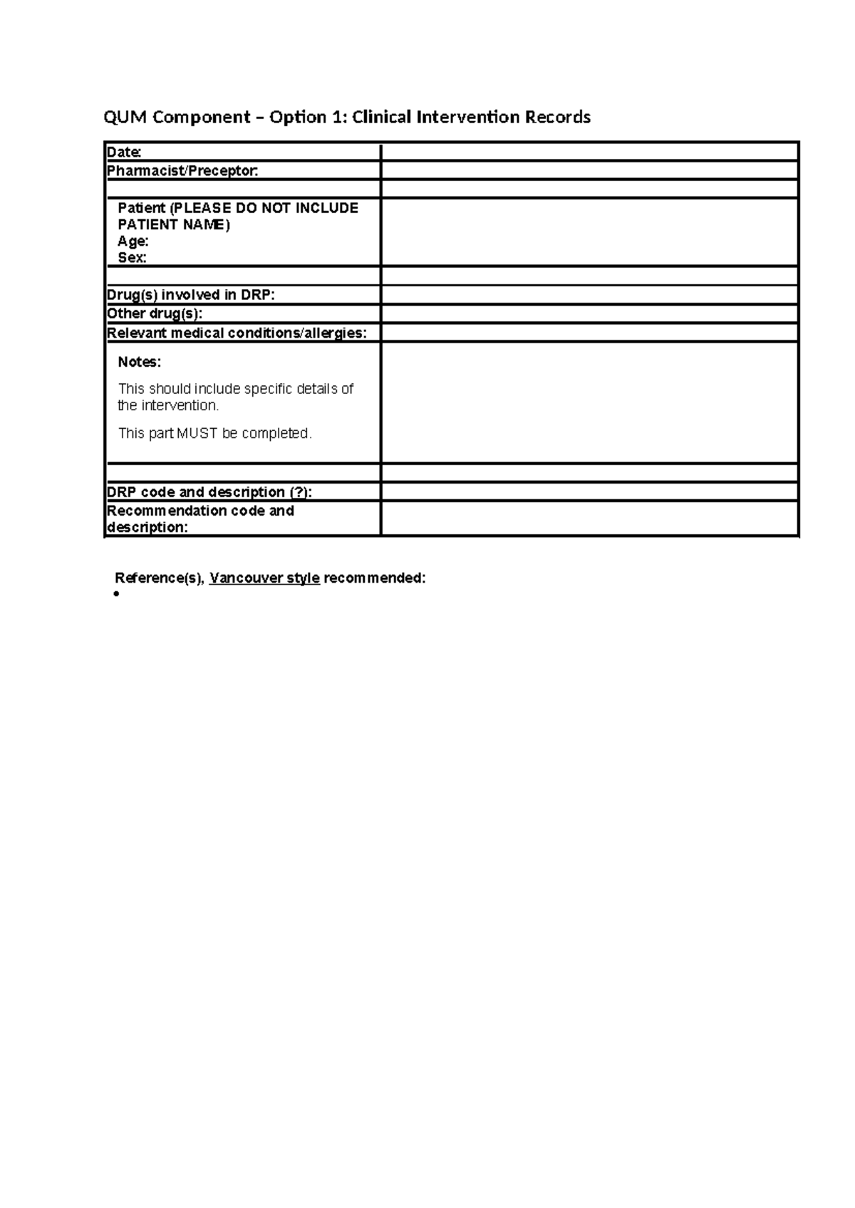 QUM Component - template - PHAR4822 - QUM Component – Option 1 ...