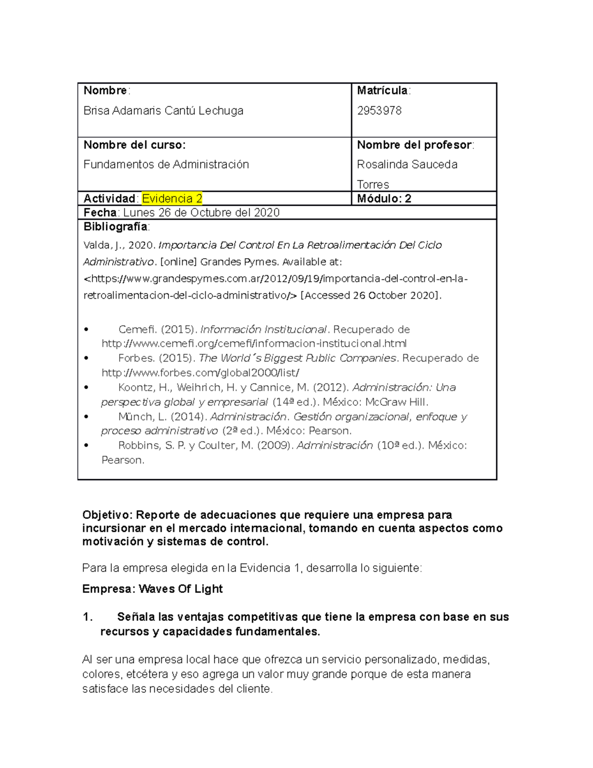 BACL - Evidencia 2 - Fundamentos de Administración - Nombre: Brisa ...