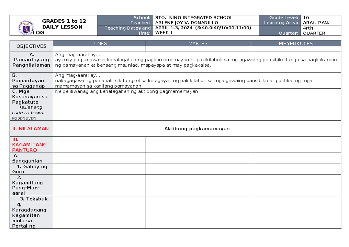 AP 10 week 1 - GRADES 1 to 12 DAILY LESSON LOG School: STO. NINO ...