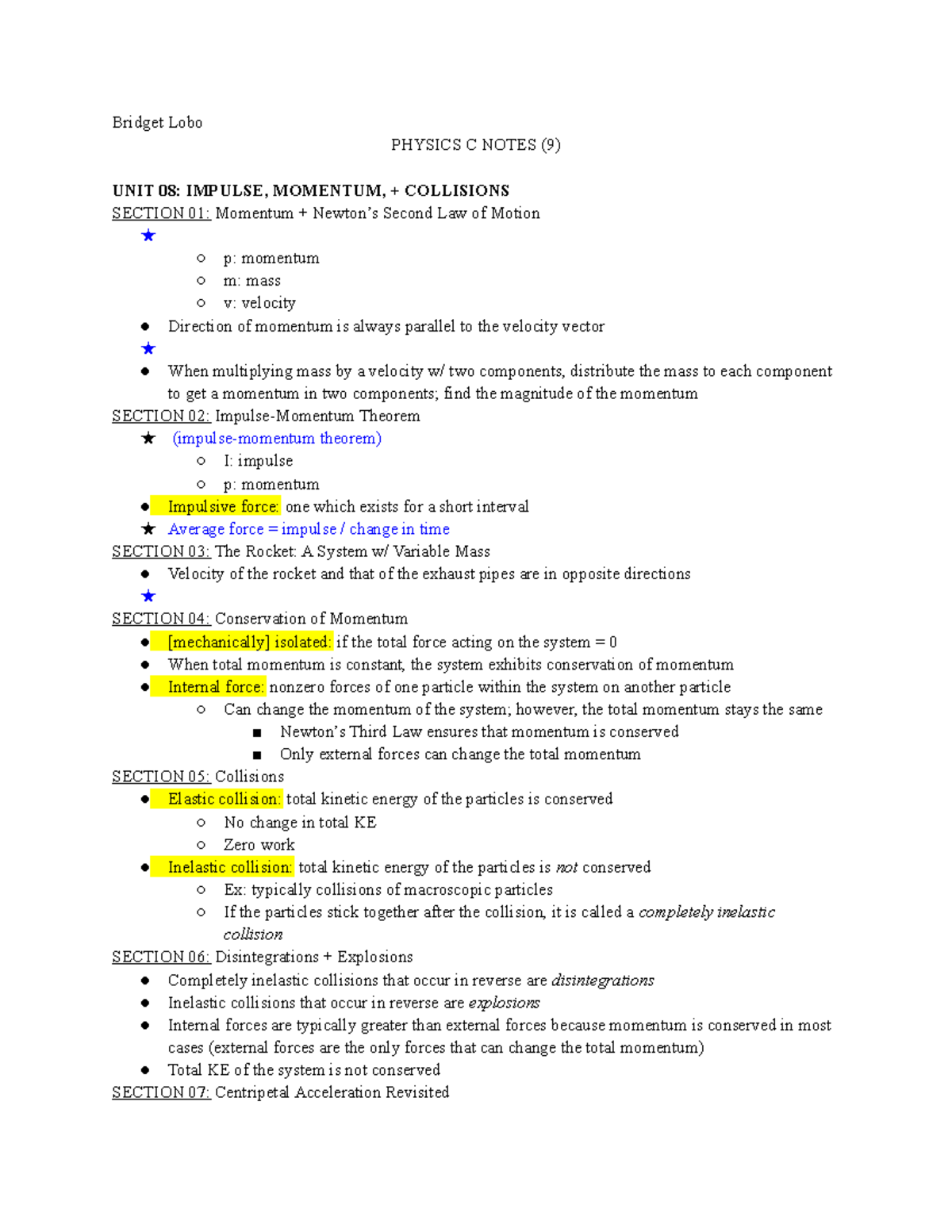 Ch. 09 impulse, momentum, + collisions - Bridget Lobo PHYSICS C NOTES ...