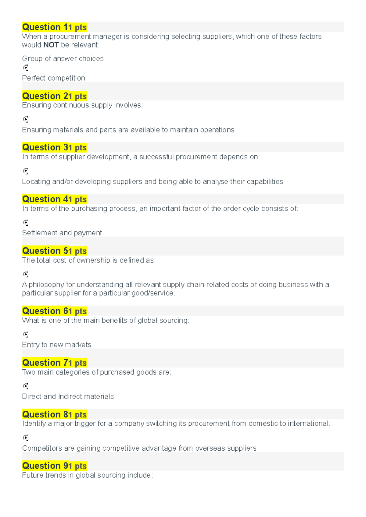 Assignment 1 - Quiz Answers - Question 1When a procurement manager is ...