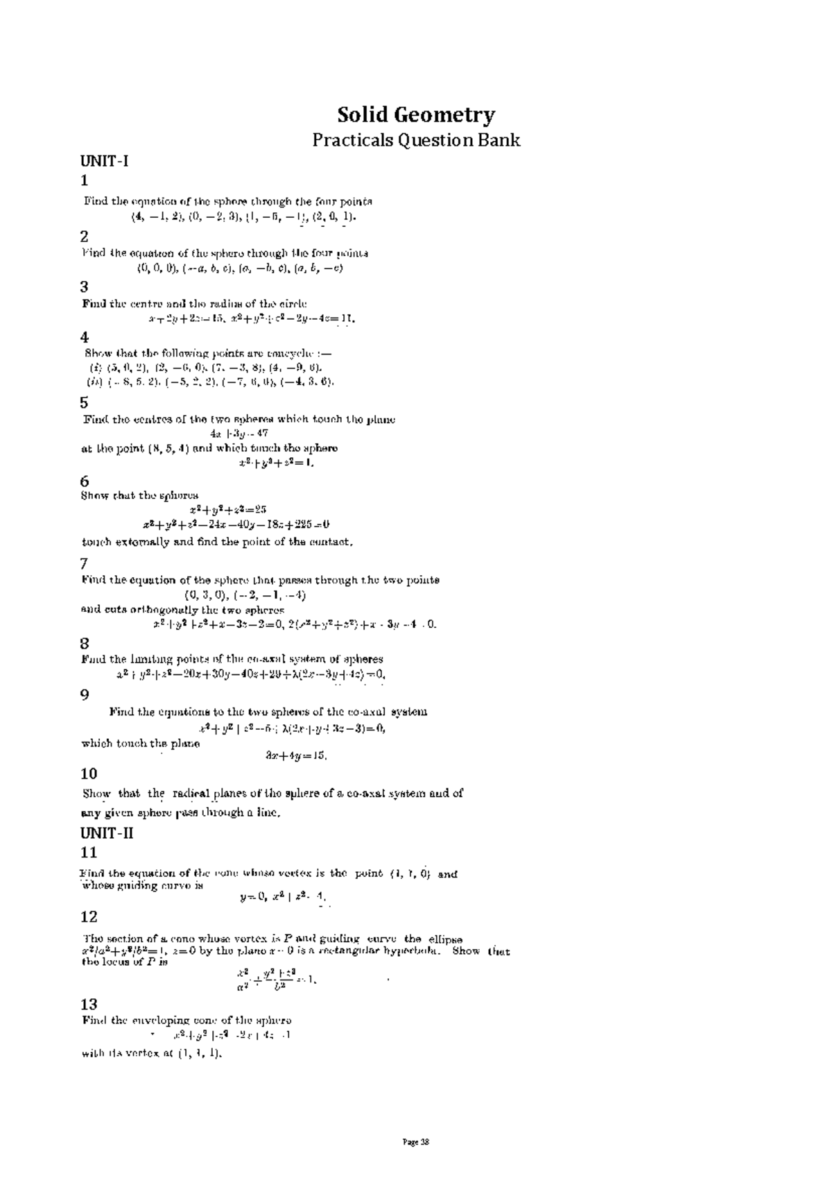 B Sc Mathematics CBCS Solid Geometry Practicals Question Bank