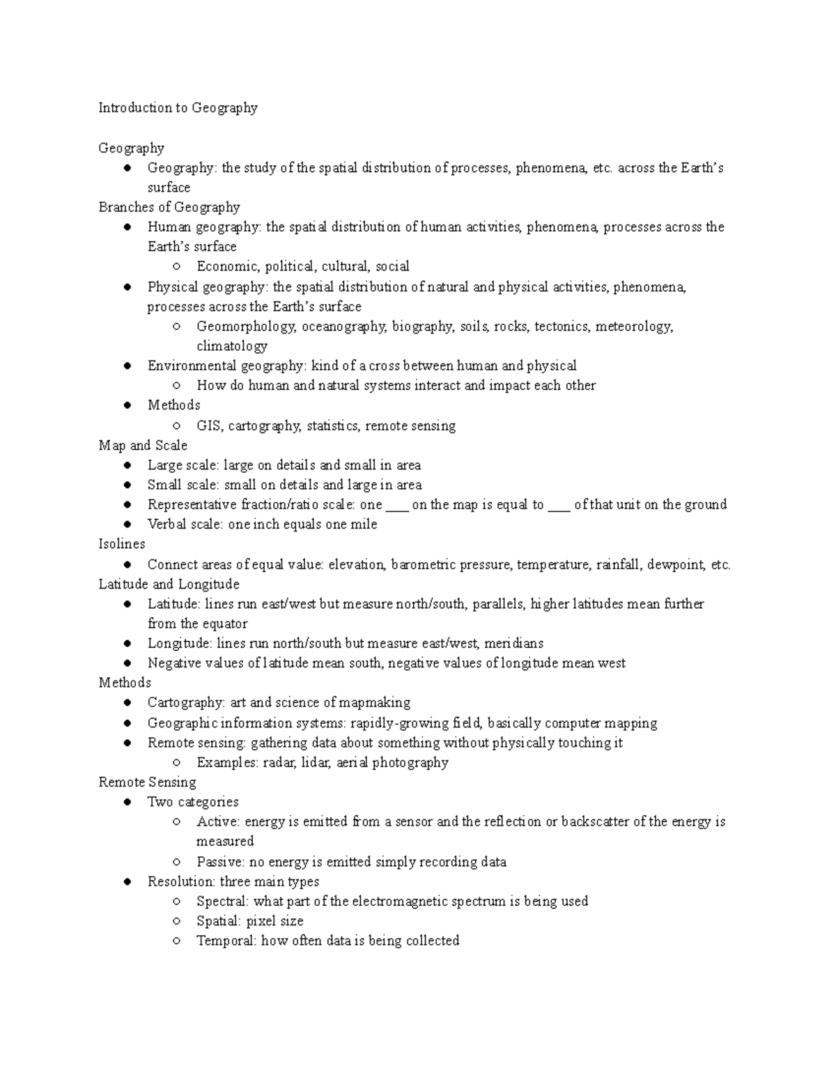 Notes Exam One - Introduction to Geography Geography Geography: the ...