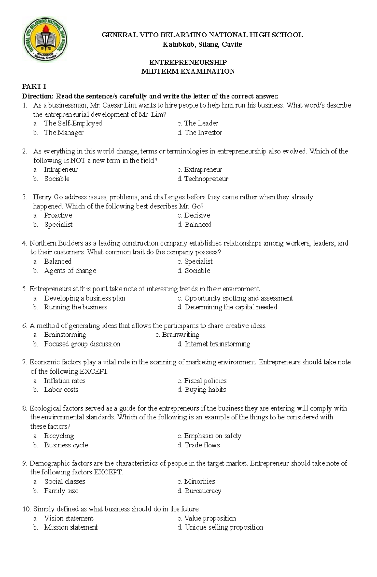 Entrep-midterm - jg jjku - PART I GENERAL VITO BELARMINO NATIONAL HIGH ...