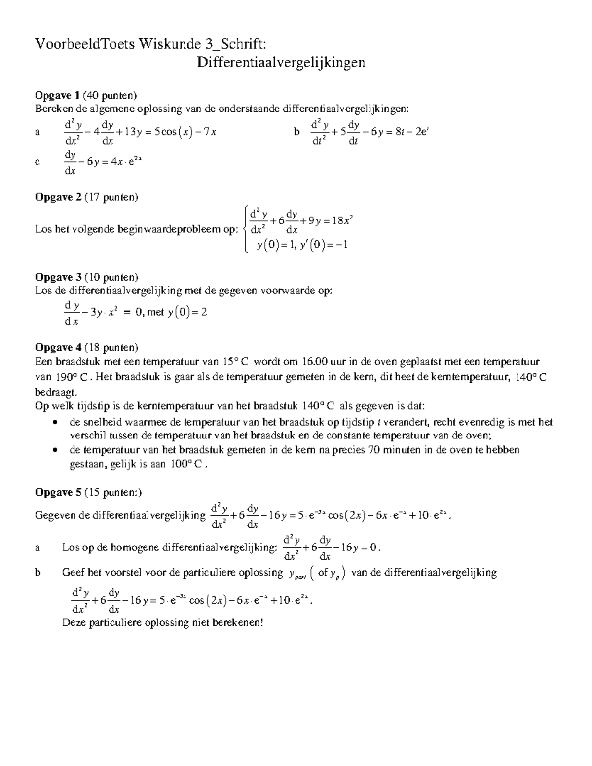 VBToets Wiskunde 3 Du Differentiaal Vergelijkingen - VoorbeeldToets ...