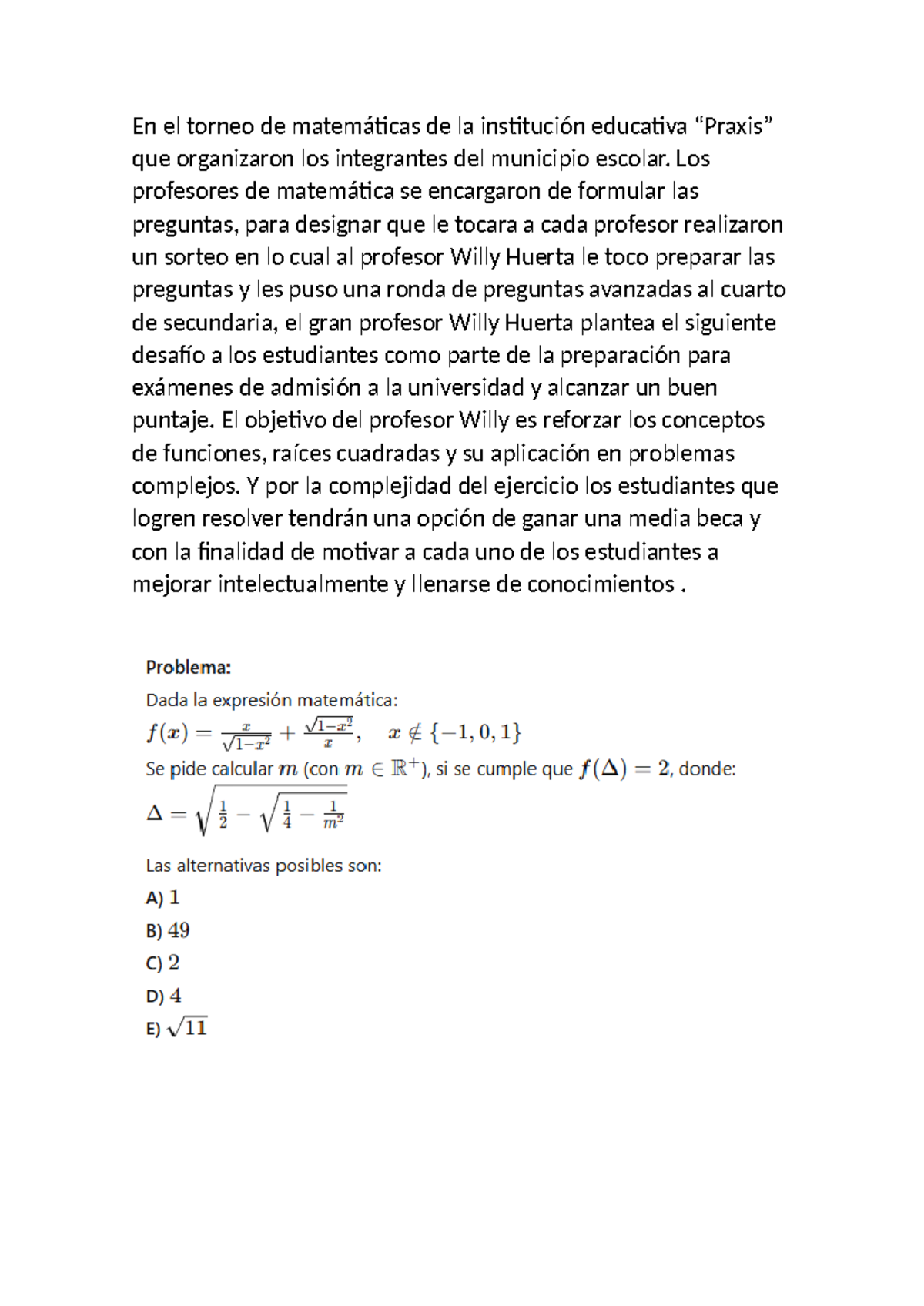 Algebra 2 - problema examen - En el torneo de matemáticas de la ...