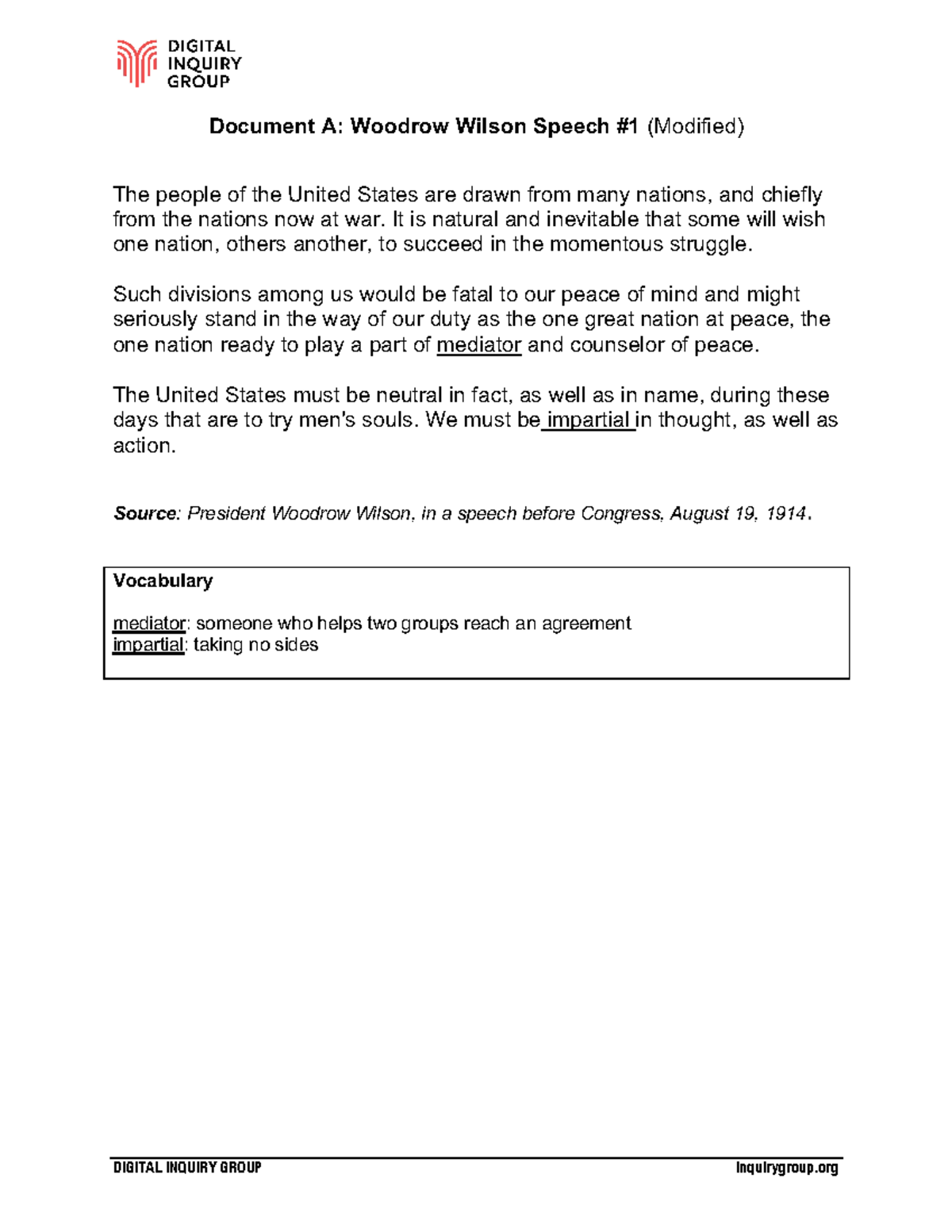 U.S. Entry into WWI Student answers - Document A: Woodrow Wilson Speech ...