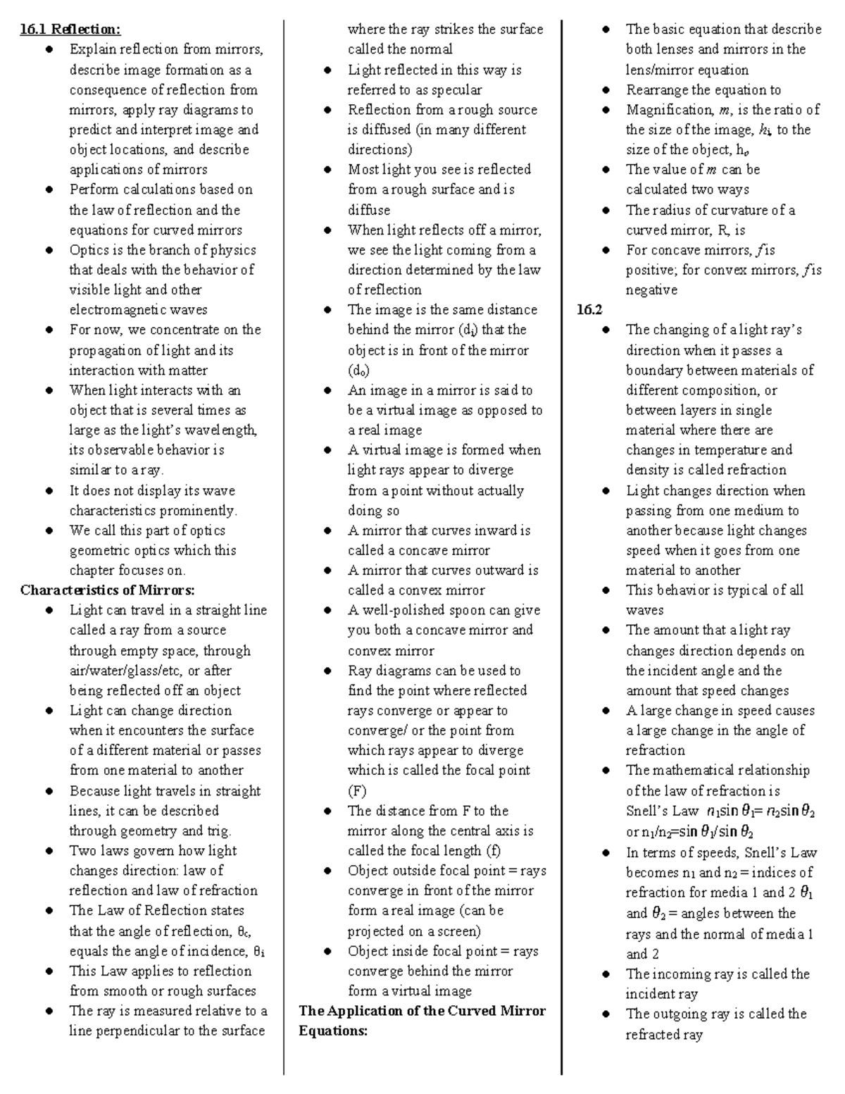 Cheat Sheet Chapter 16 - 16 Reflection: Explain reflection from mirrors ...