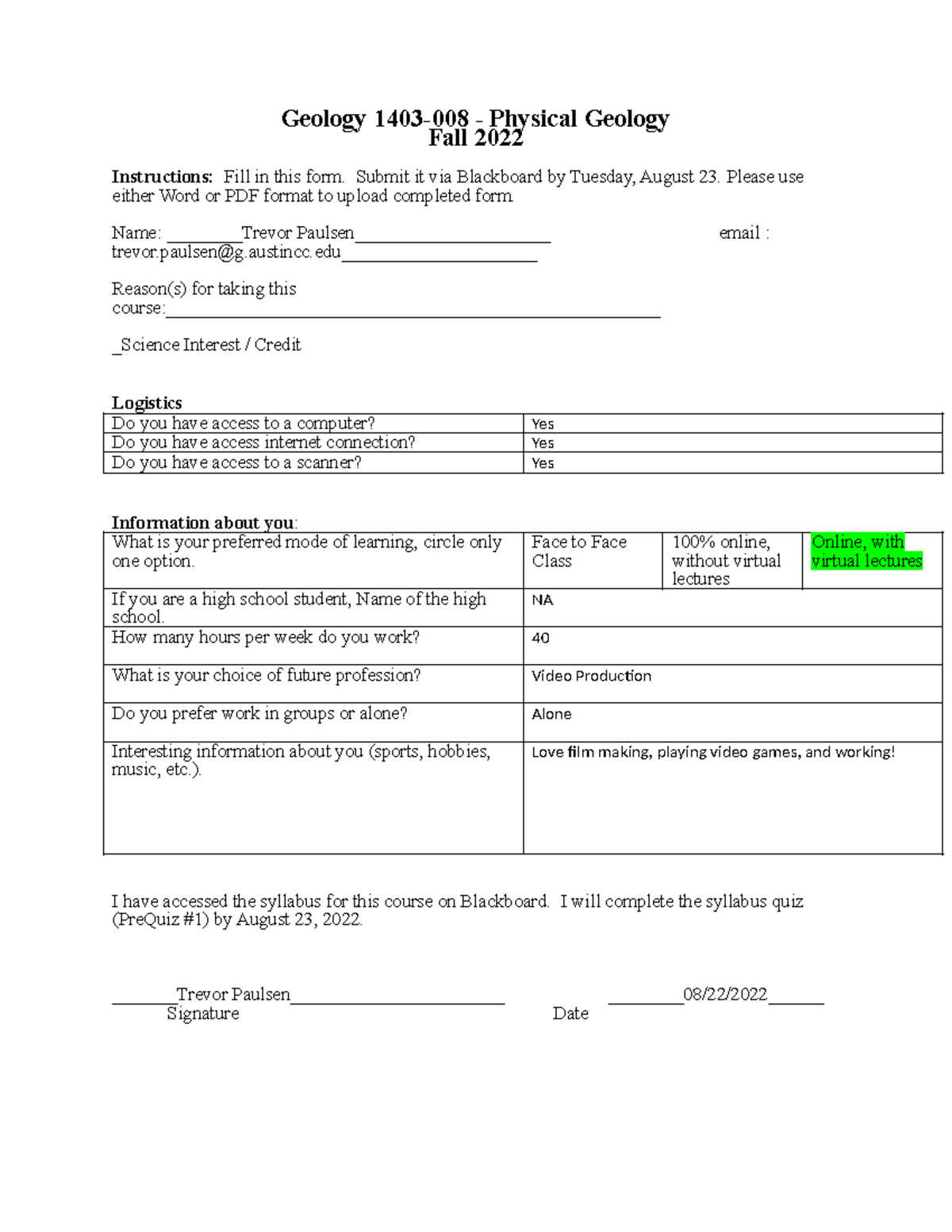 2022 Fall Student Information Form-008(1) - Geology 1403-008 - Physical ...