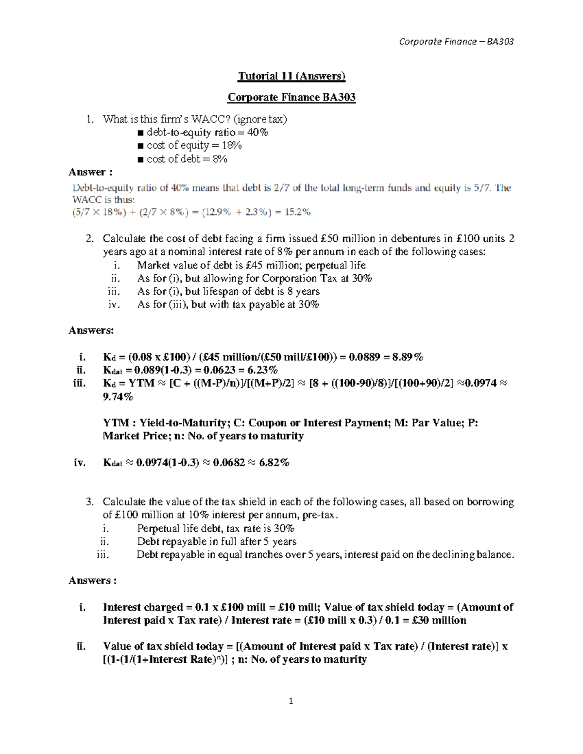 CF Tutorial 11 - Solution - Tutorial 11 (Answers) Corporate Finance BA ...
